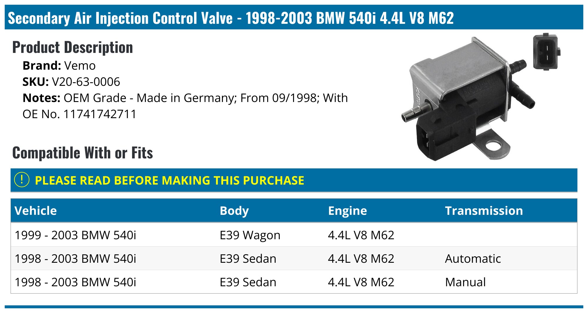 1998-2003 BMW 540i Air Pump Check Valve - Vemo V20-63-0006 - PartsGeek.com