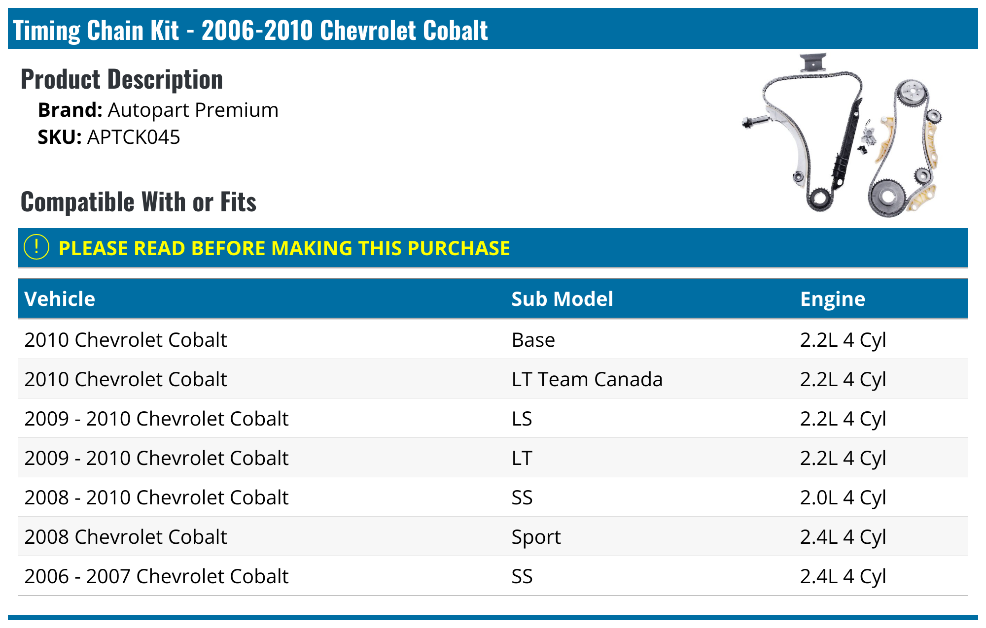 2006-2010 Chevrolet Cobalt Timing Chain - Autopart Premium APTCK045 ...