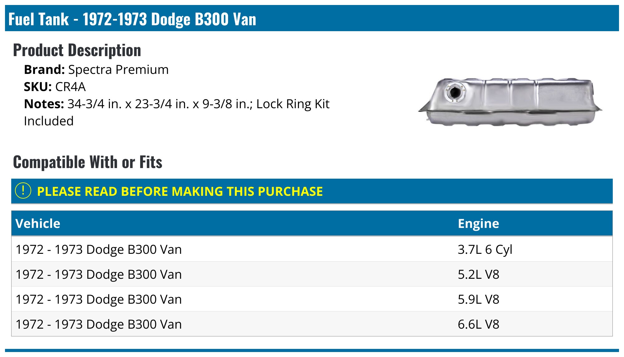 1972-1973 Dodge B300 Van Fuel Tank - Spectra Premium CR4A - PartsGeek.com