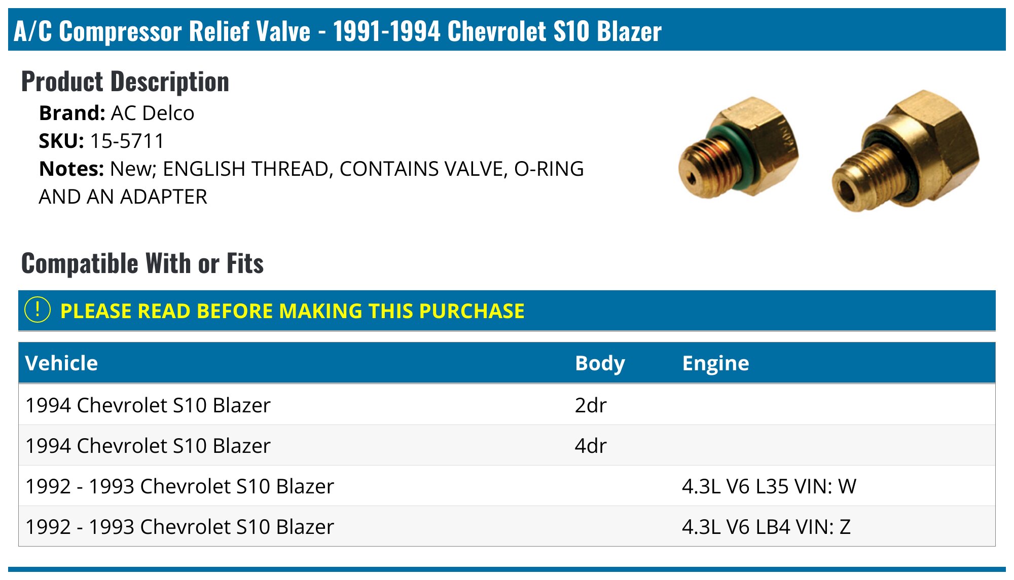 1991-1994 Chevrolet S10 Blazer A/C Compressor Relief Valve - AC Delco ...
