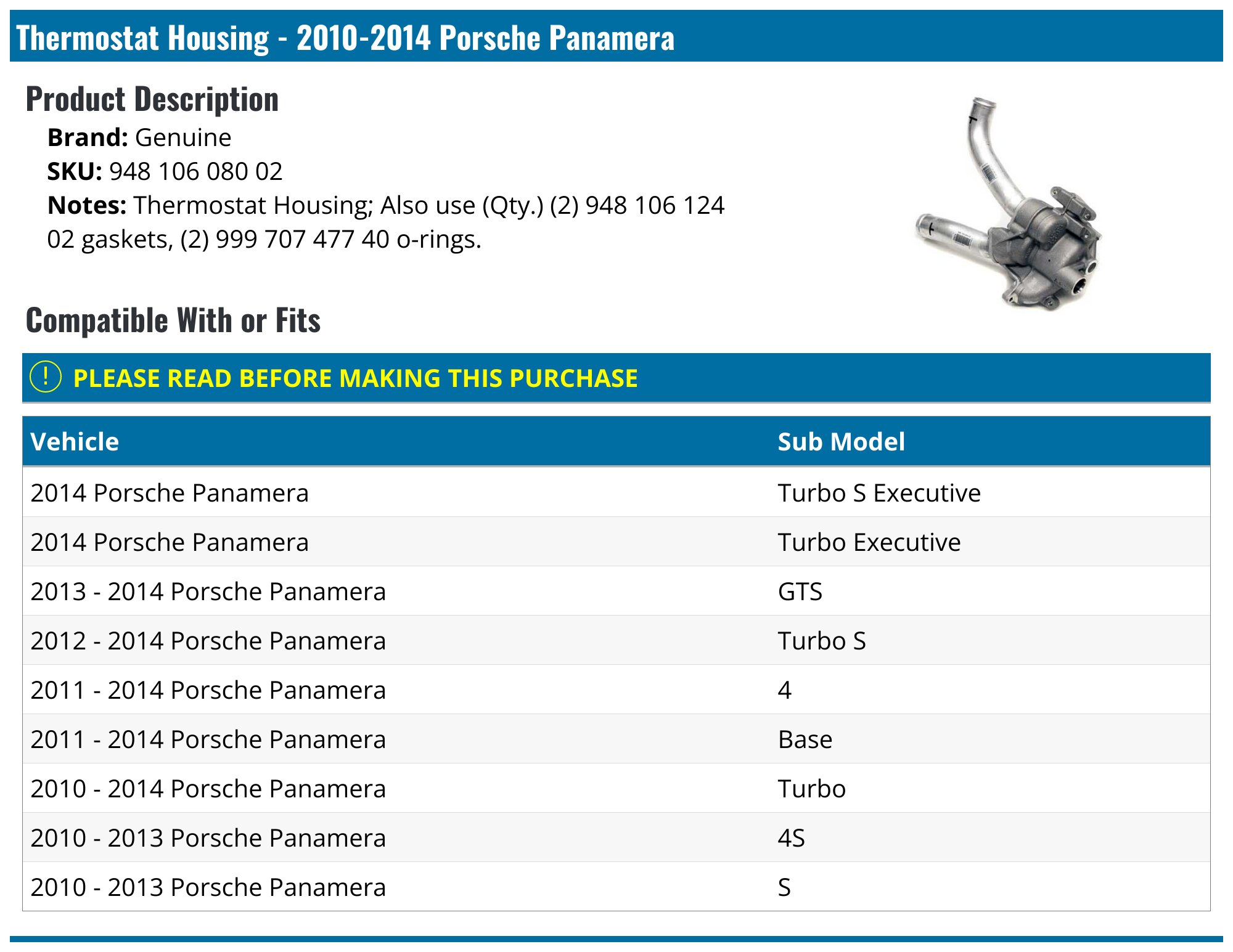2010-2014 Porsche Panamera Thermostat Housing - Genuine 948 106 080 02 ...