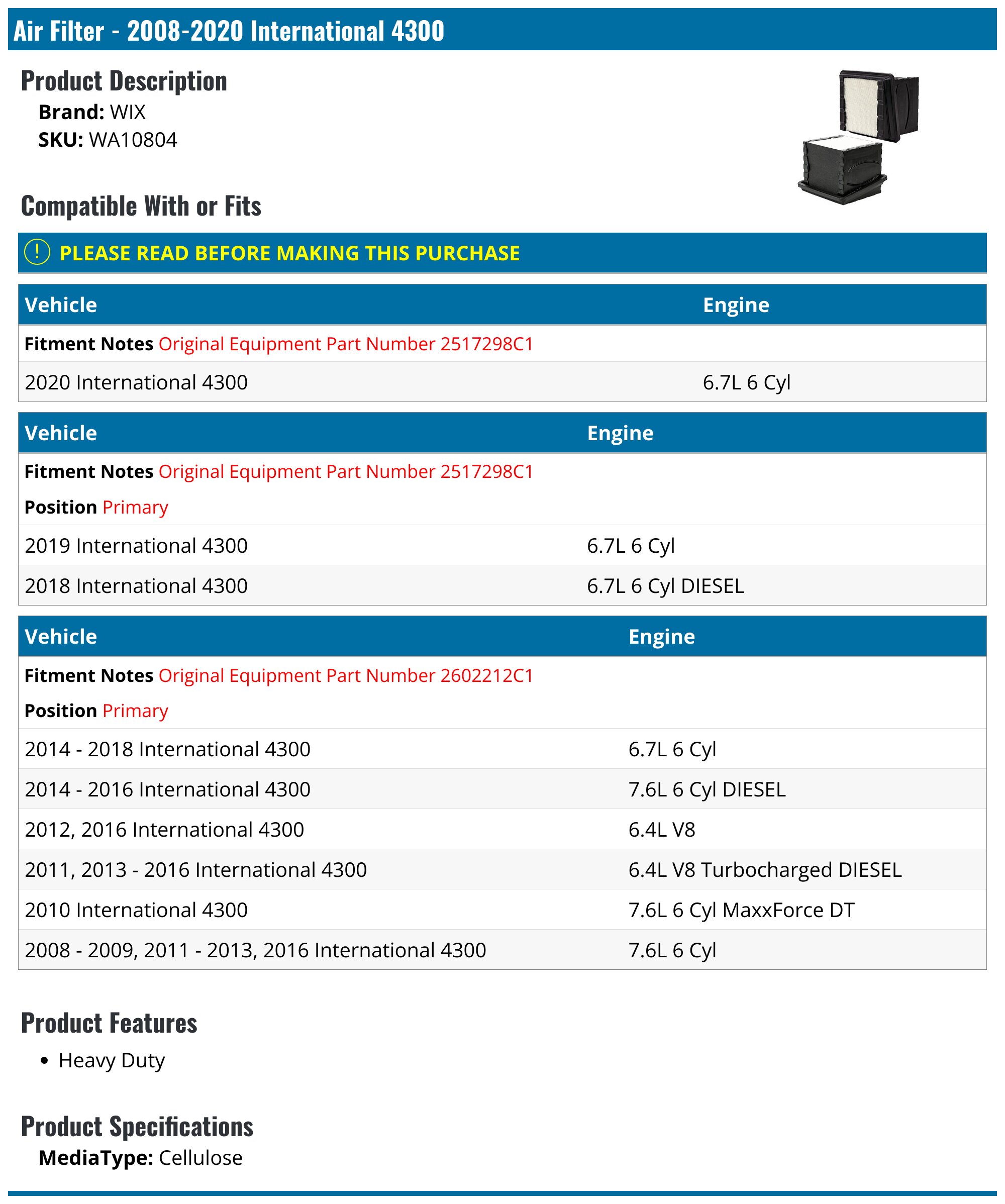 2008-2020 International 4300 Air Filter - WIX WA10804 - Primary ...