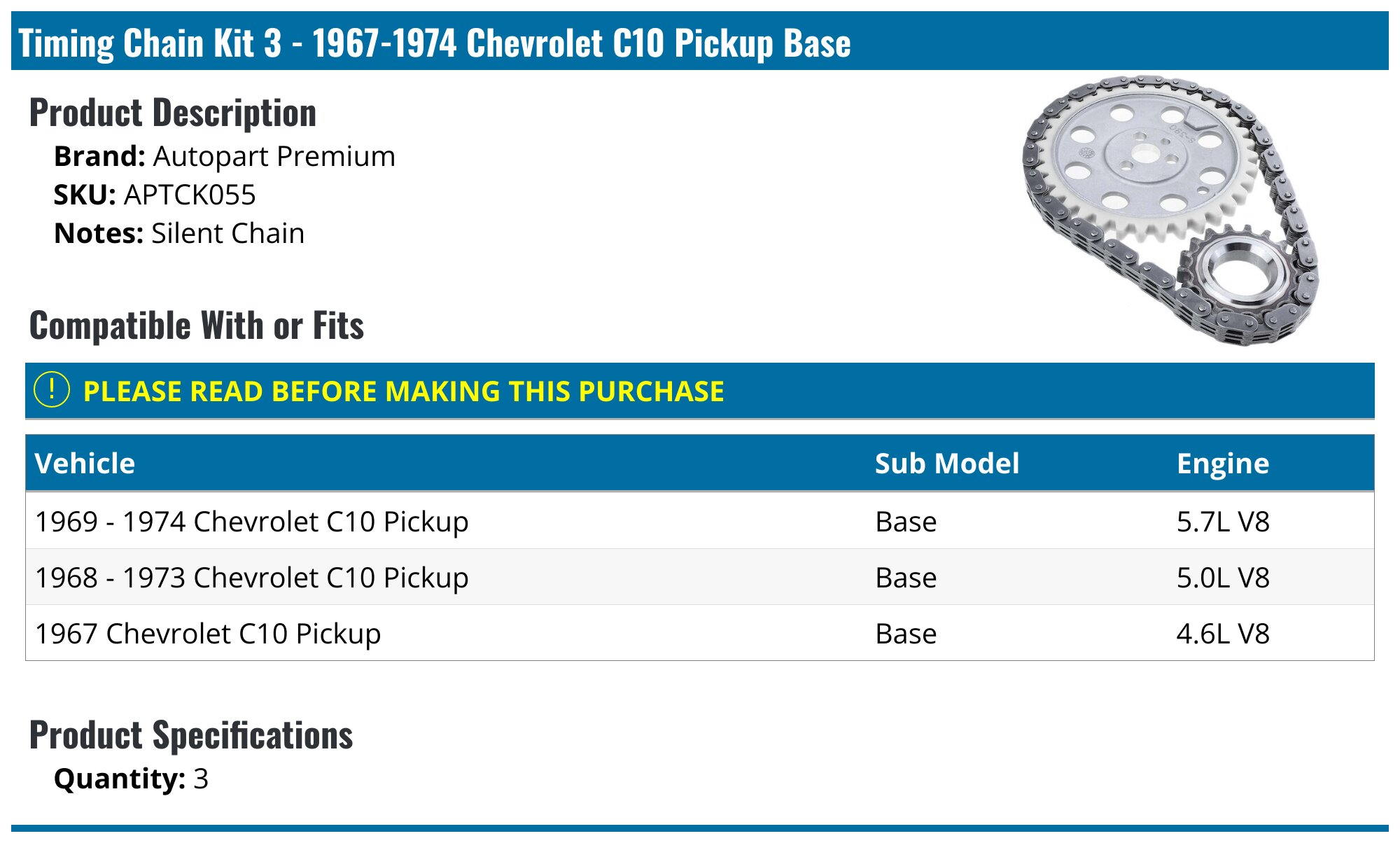 1967-1974 Chevrolet C10 Pickup Timing Chain - Autopart Premium APTCK055 ...