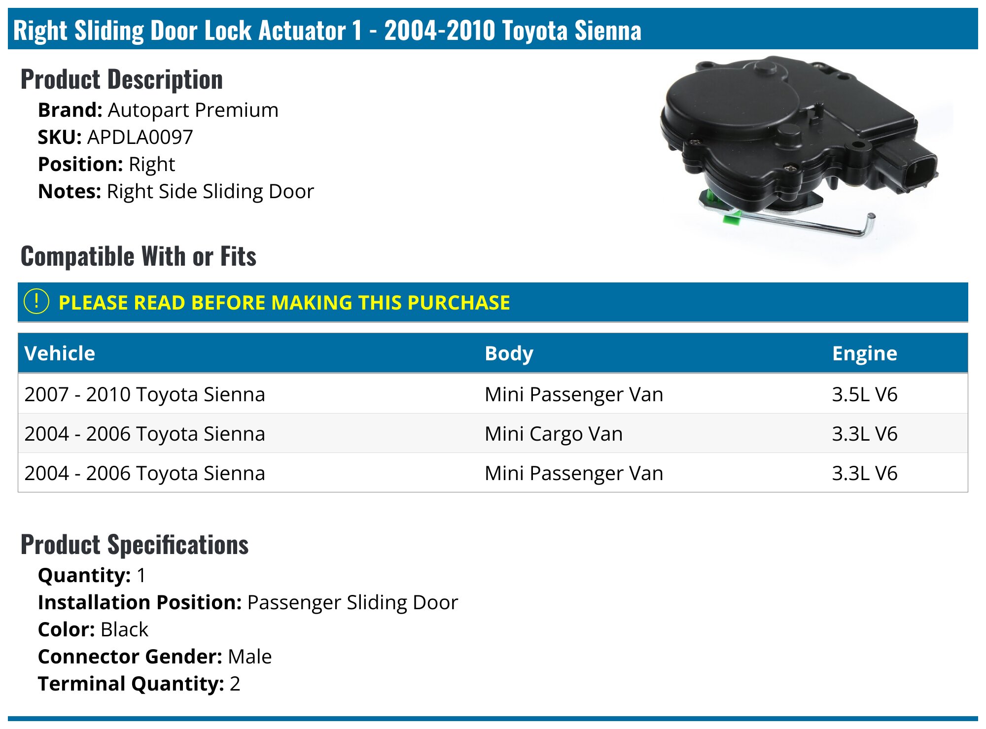 2004-2010 Toyota Sienna Sliding Door Lock Actuator - Autopart Premium ...