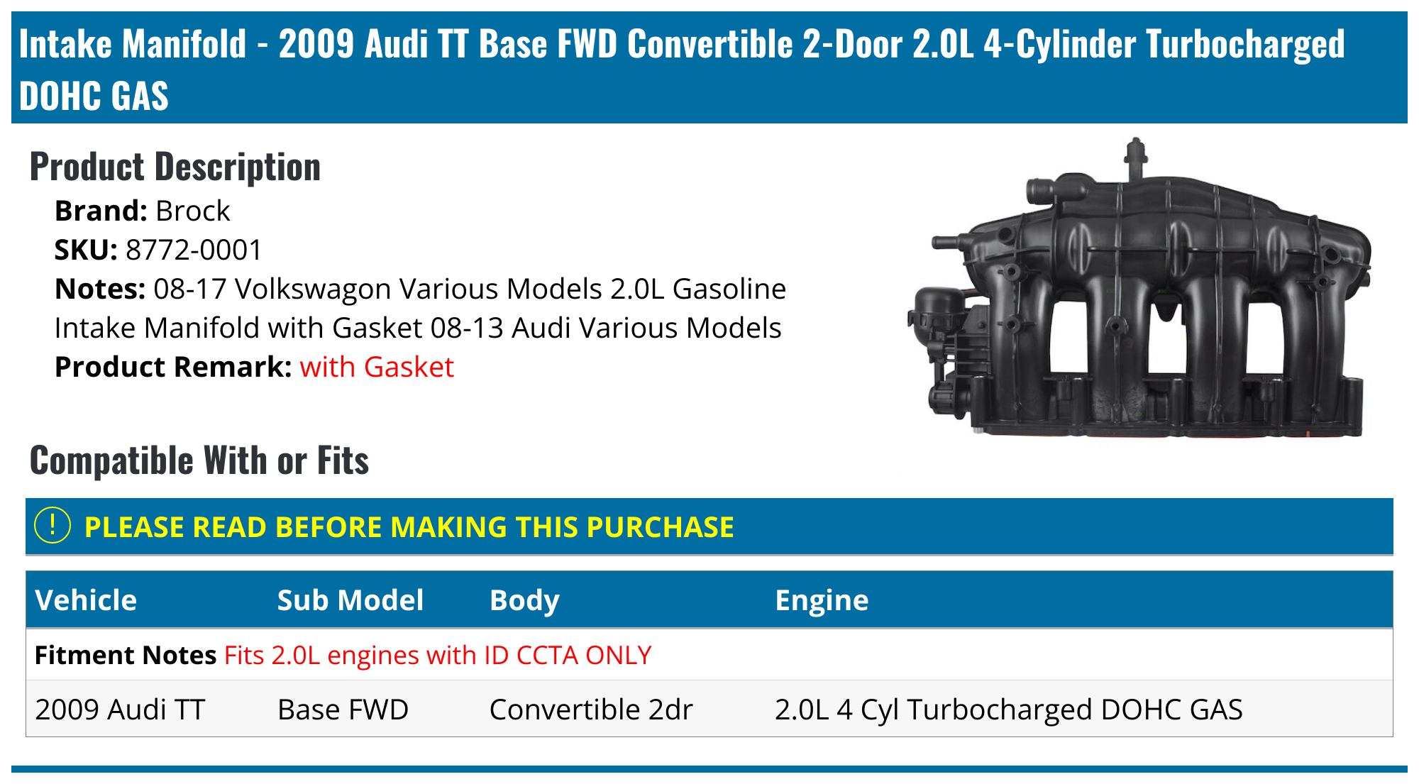 2009 Audi TT Intake Manifold - Brock 8772-0001 - PartsGeek.com