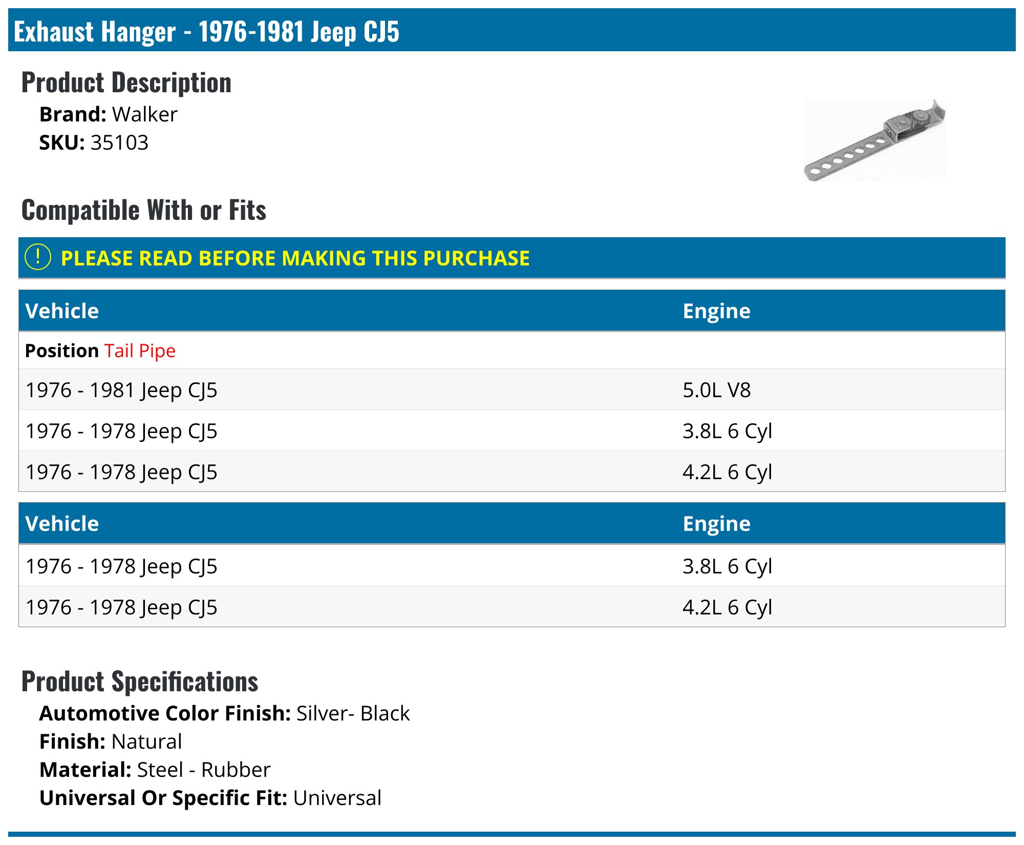 1976-1981 Jeep CJ5 Exhaust Hanger - Walker 35103 - Tail Pipe ...