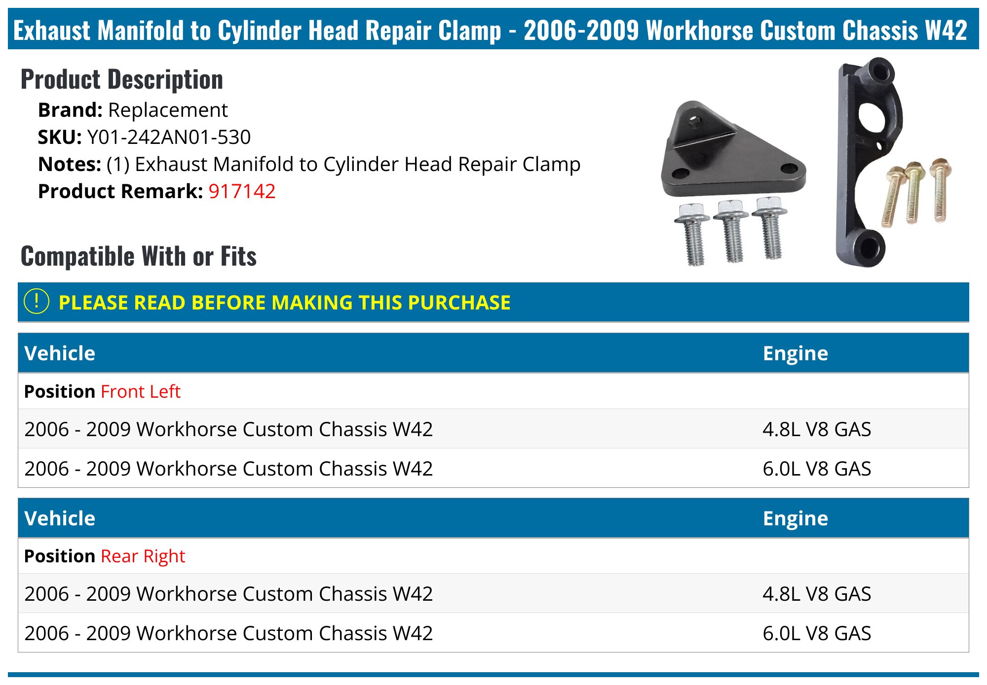 2006-2009 Workhorse Custom Chassis W42 Exhaust Manifold to Cylinder ...