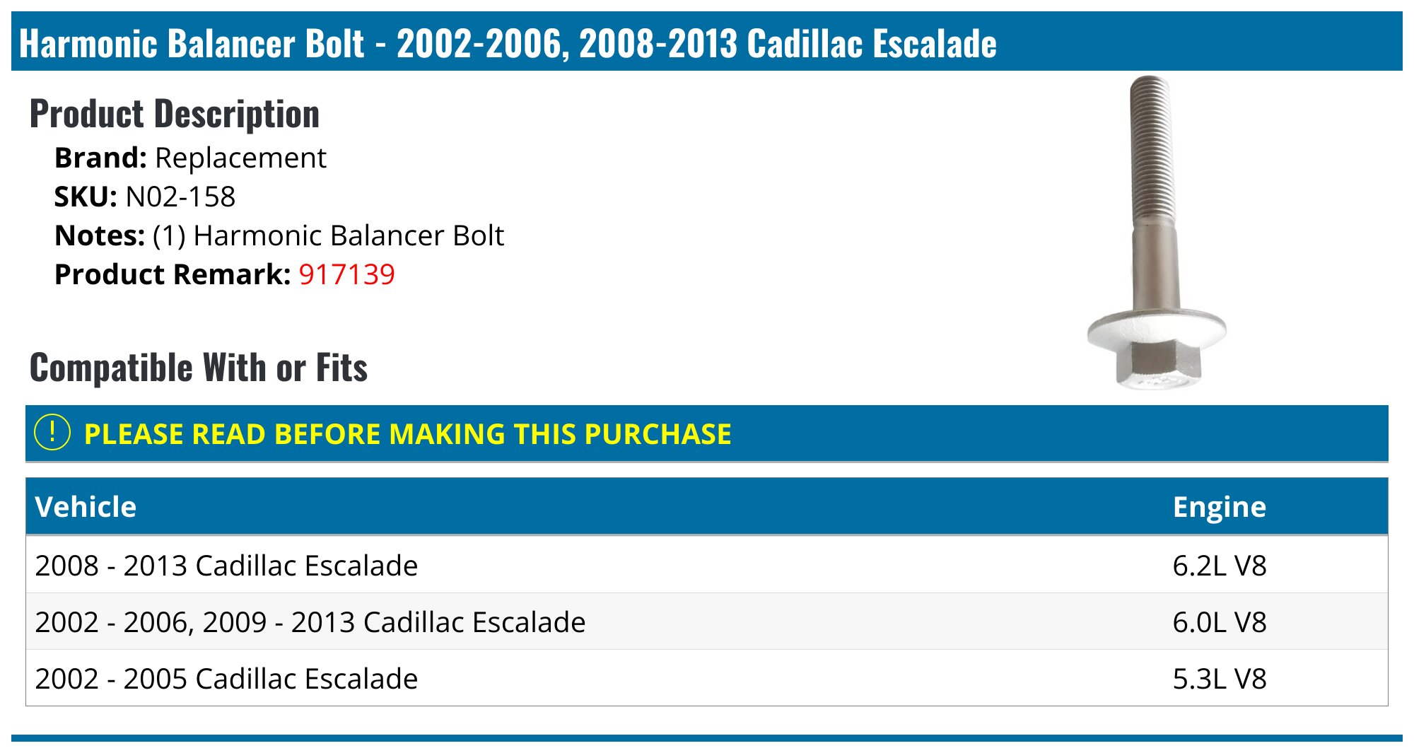 2002-2006, 2008-2013 Cadillac Escalade Harmonic Balancer Bolt ...