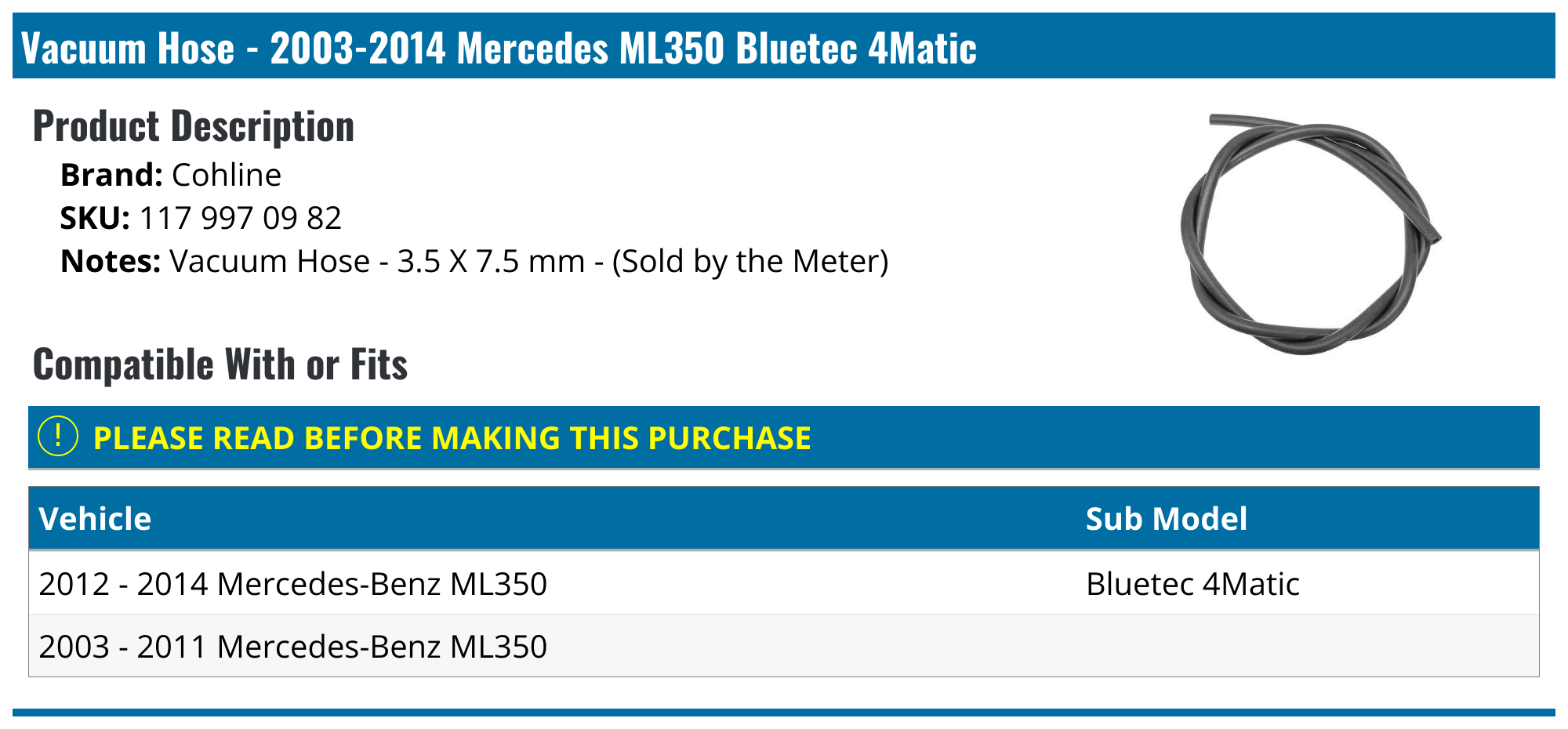 2003-2014 Mercedes ML350 Vacuum Hose - Cohline 117 997 09 82 ...