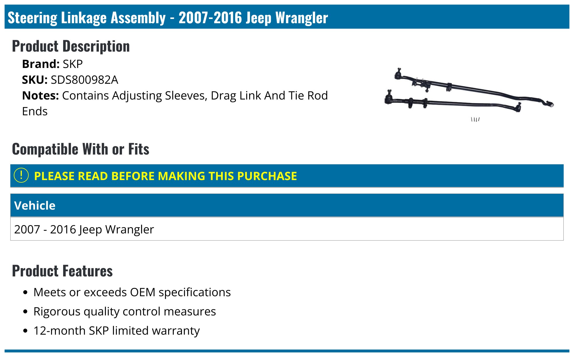 2007-2016 Jeep Wrangler Steering Linkage Assembly - SKP SDS800982A ...