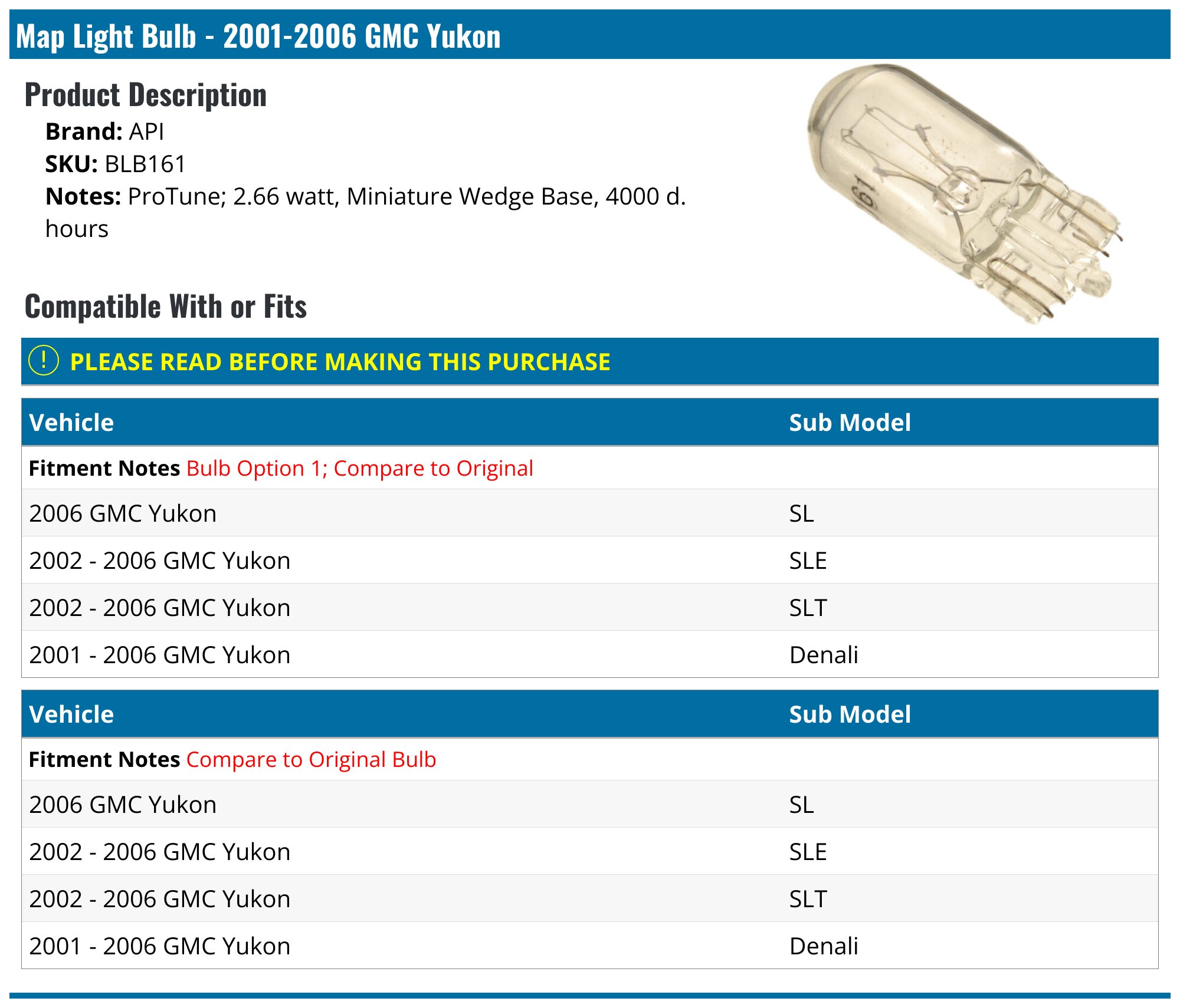 2001-2006 GMC Yukon Map Light Bulb - API 4303-07781259 - PartsGeek.com