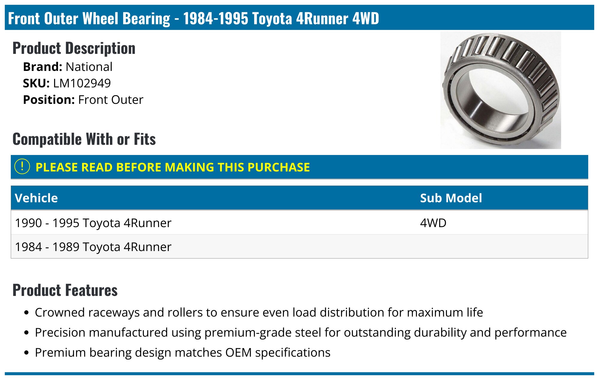 1984-1995 Toyota 4Runner Wheel Bearing - National LM102949 - Front ...