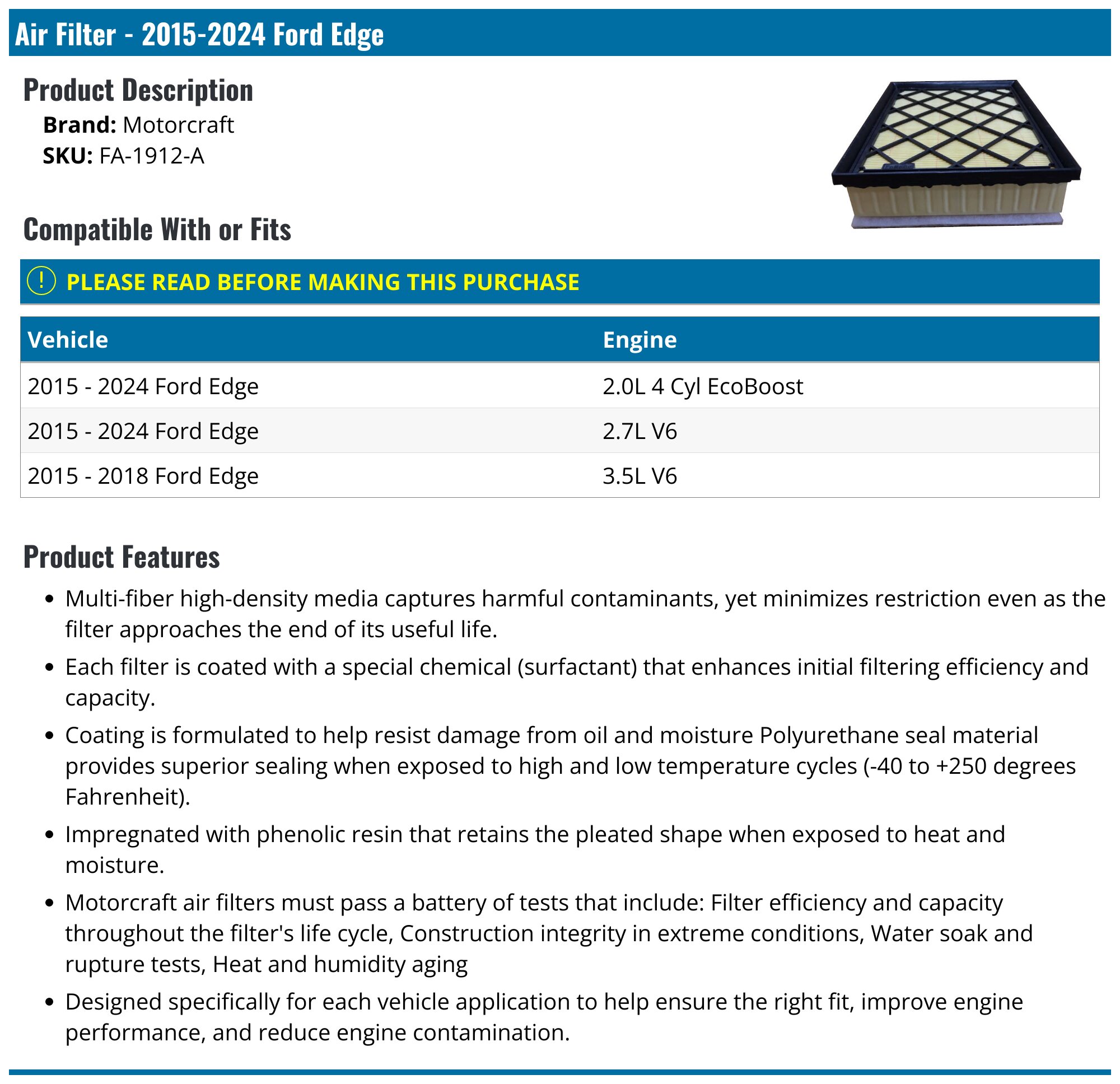 2015-2024 Ford Edge Air Filter - Motorcraft FA-1912-A - PartsGeek.com