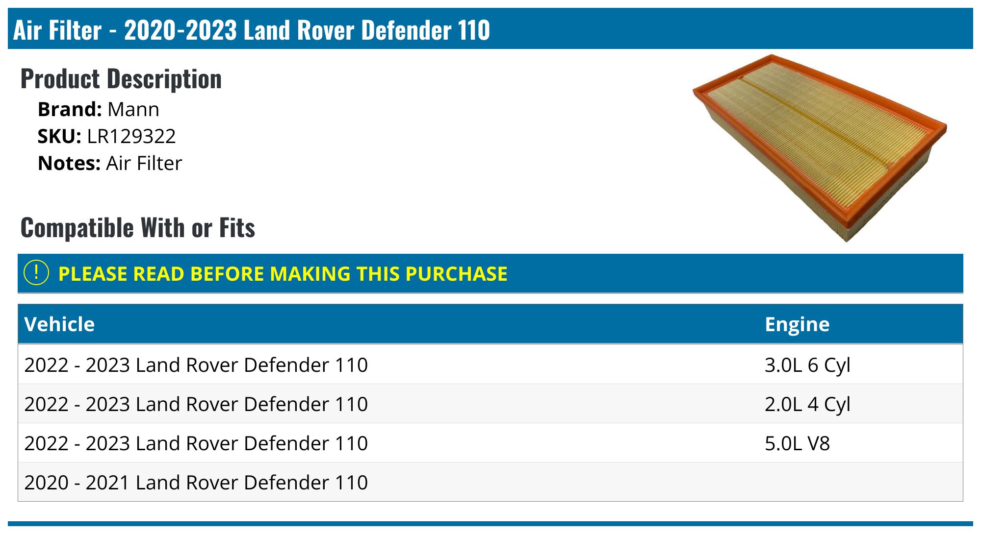 2020-2025 Land Rover Defender 110 Air Filter - Mann LR129322 ...