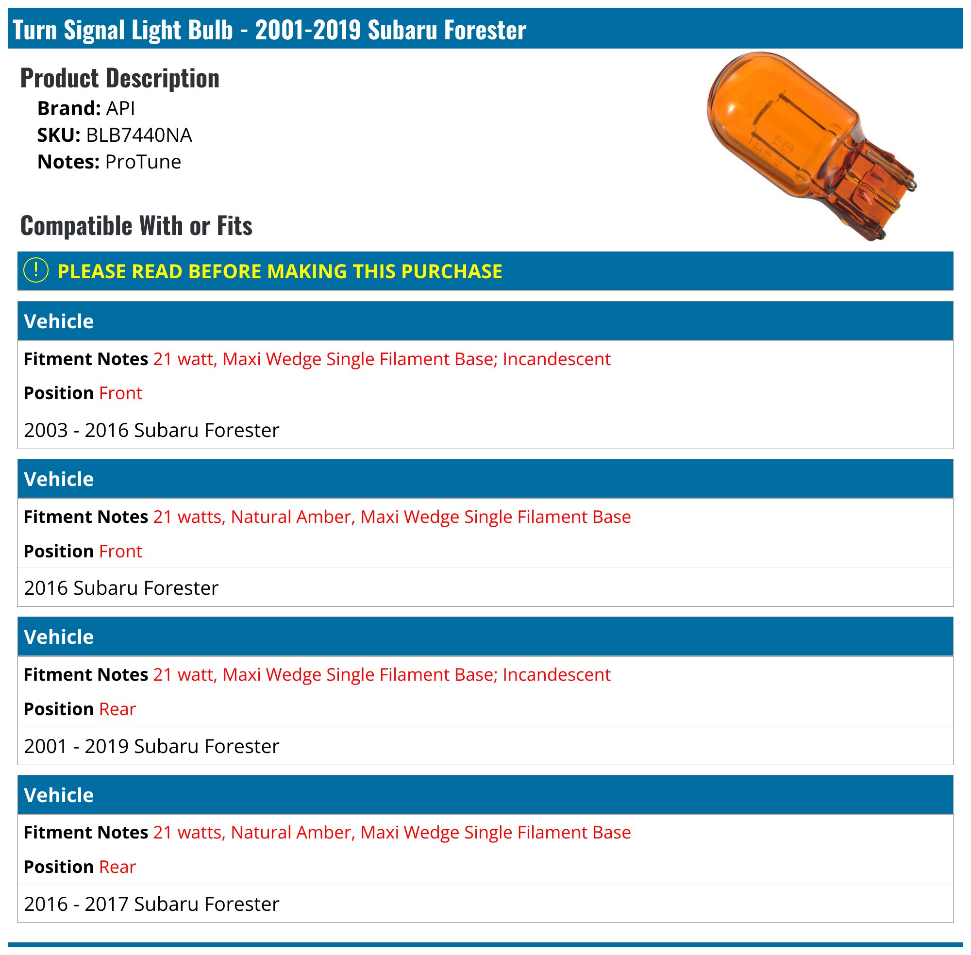 2001-2019, 2021-2022 Subaru Forester Turn Signal Light Bulb - API 348 ...