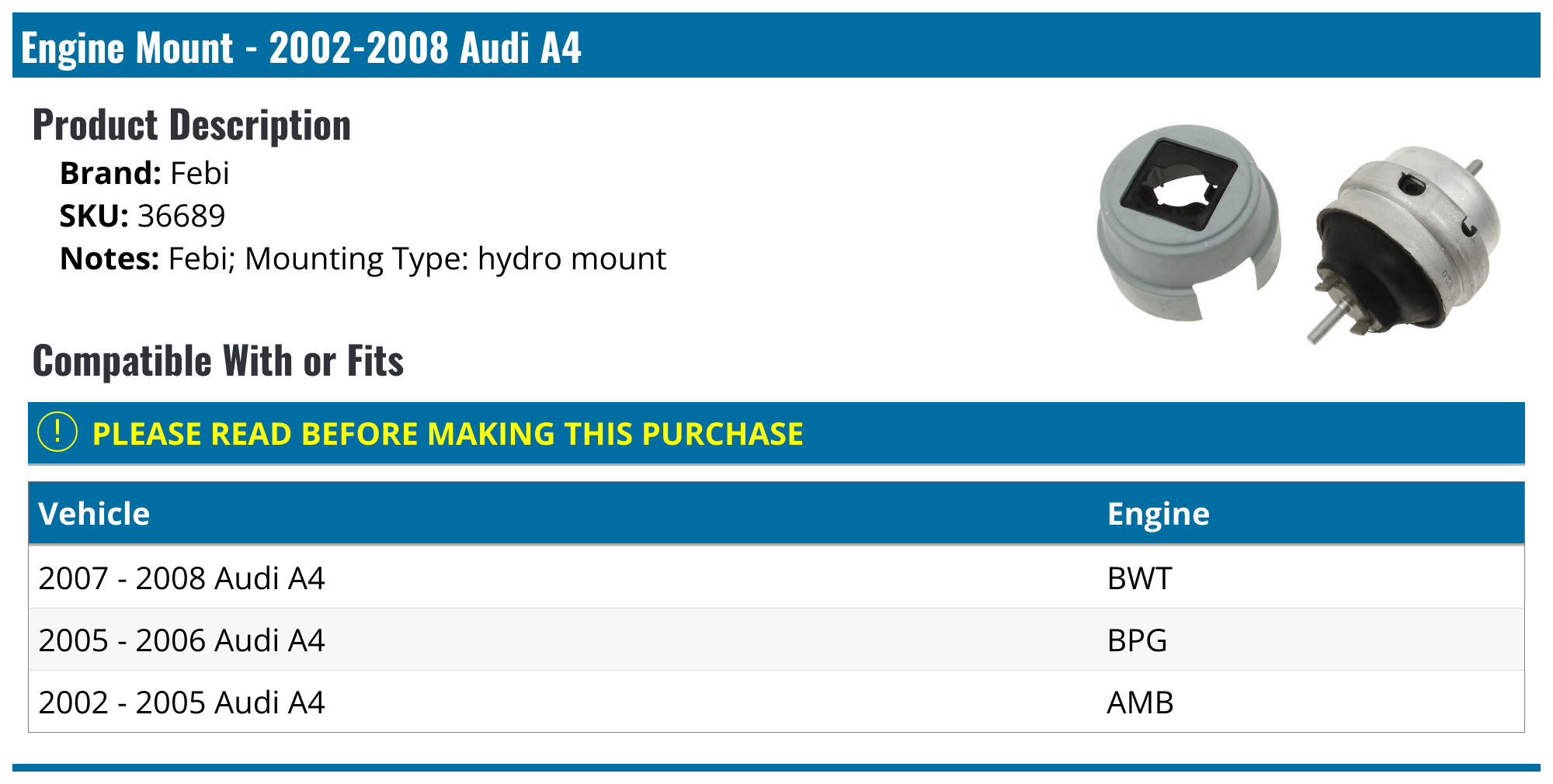 2002-2008 Audi A4 Engine Mount - Febi 36689 - Front - PartsGeek.com