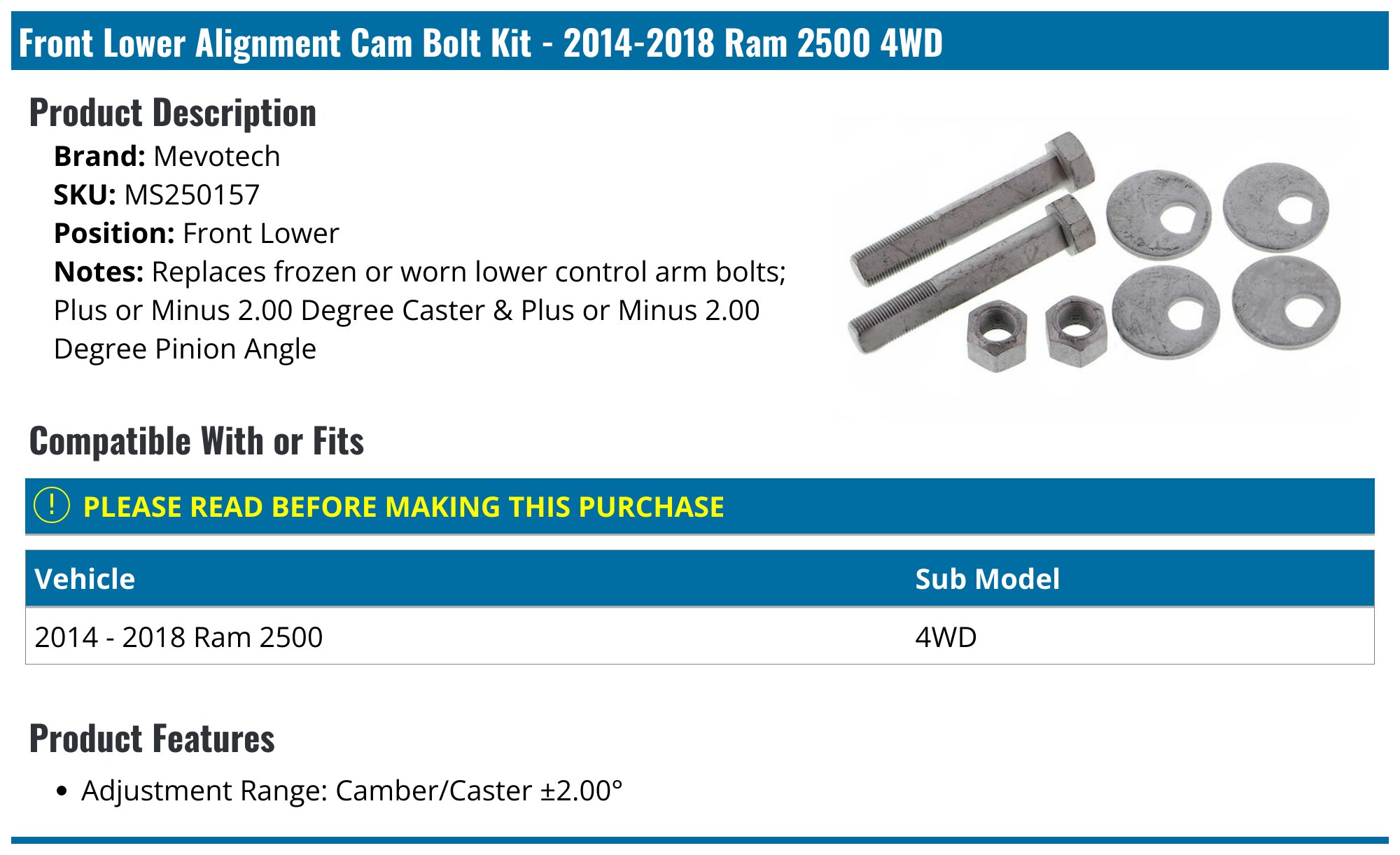 2014-2018 Ram 2500 Alignment Cam Bolt Kit - Mevotech MS250157 - Front ...