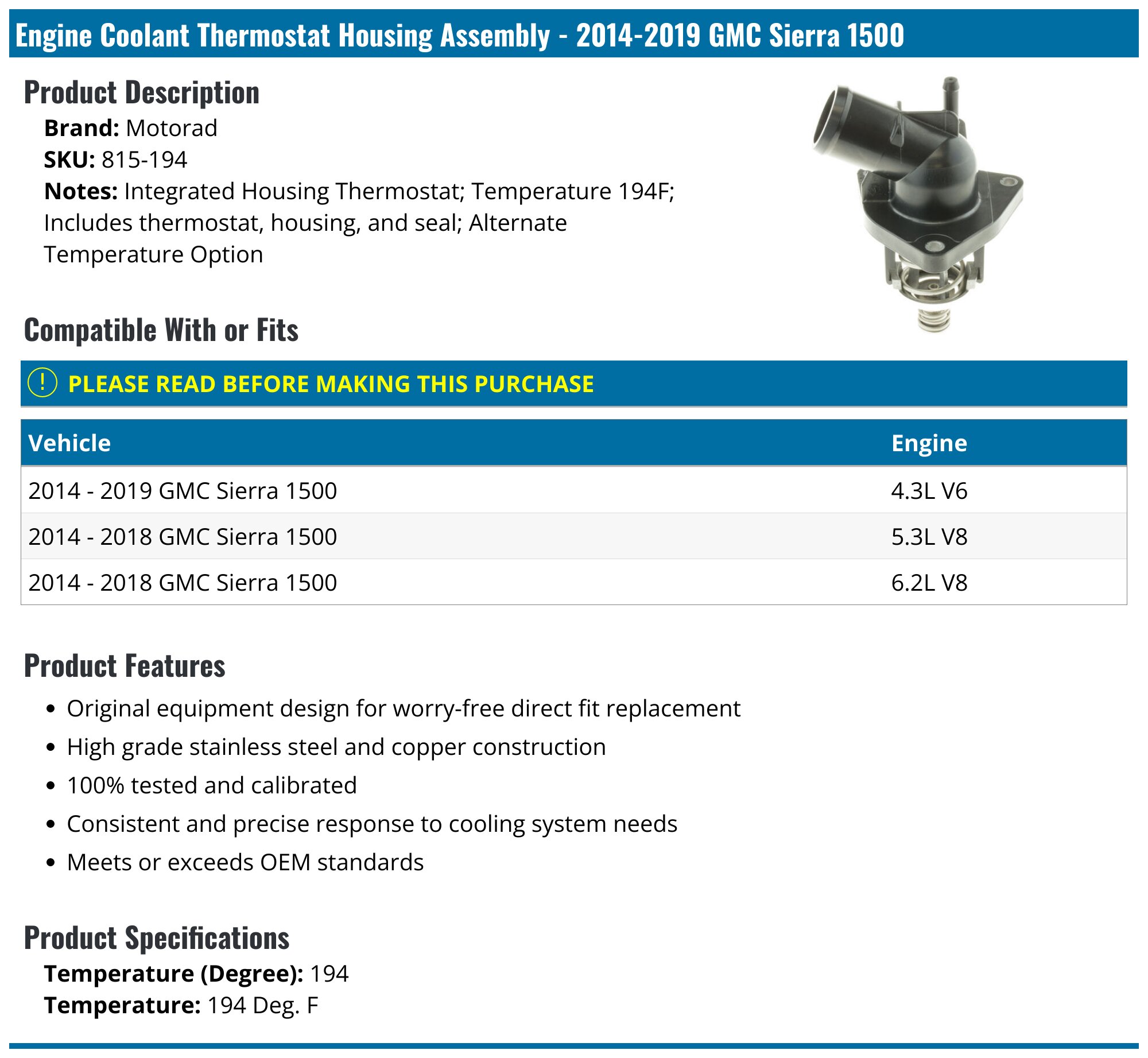 2014-2019 GMC Sierra 1500 Thermostat Housing - Motorad 815-194 ...