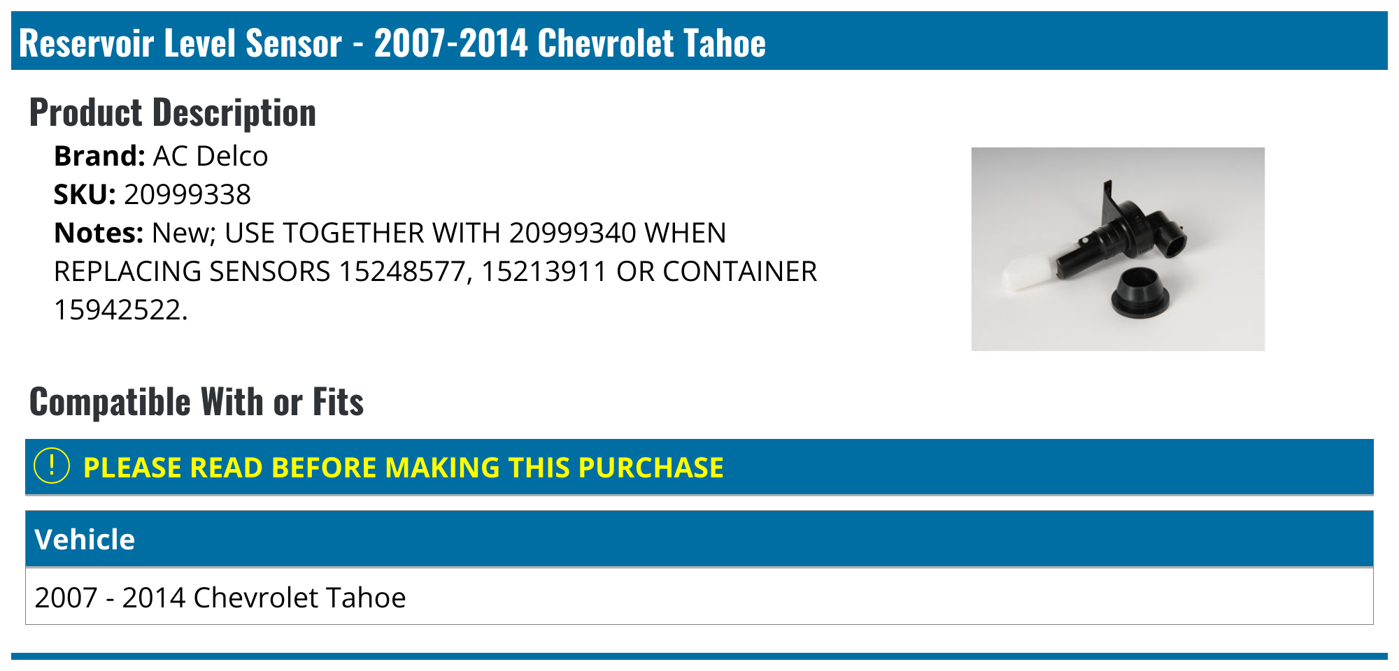 2007-2014 Chevrolet Tahoe Reservoir Level Sensor - AC Delco 20999338 ...