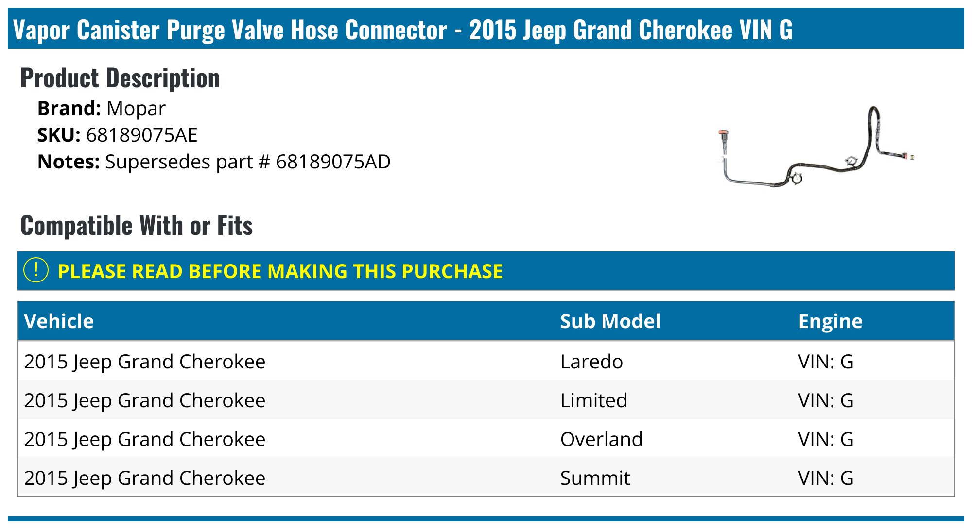 2015 Jeep Grand Cherokee Vapor Canister Purge Valve Hose Connector ...