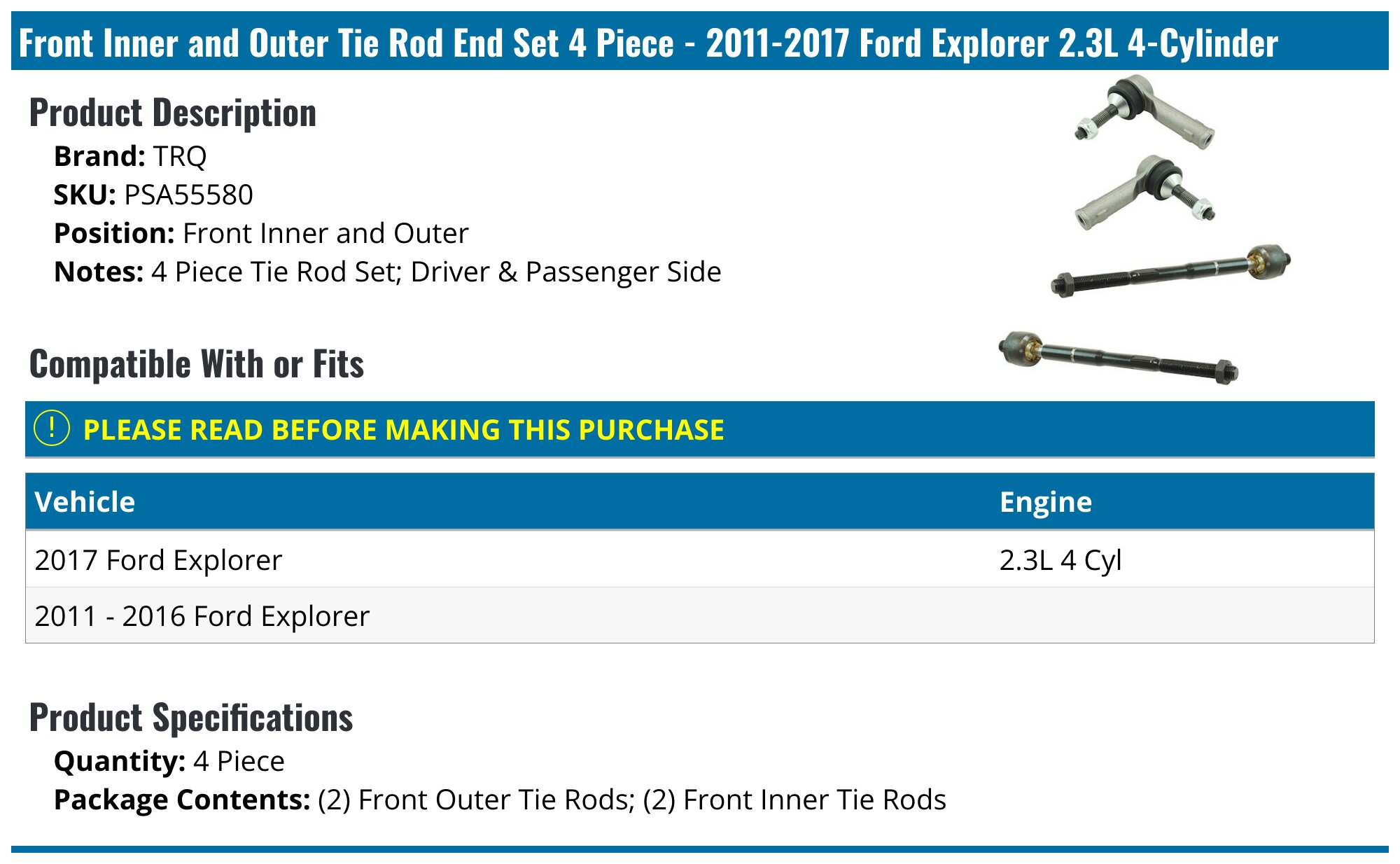 2011-2017 Ford Explorer Tie Rod End - TRQ PSA55580 - Front Inner and ...