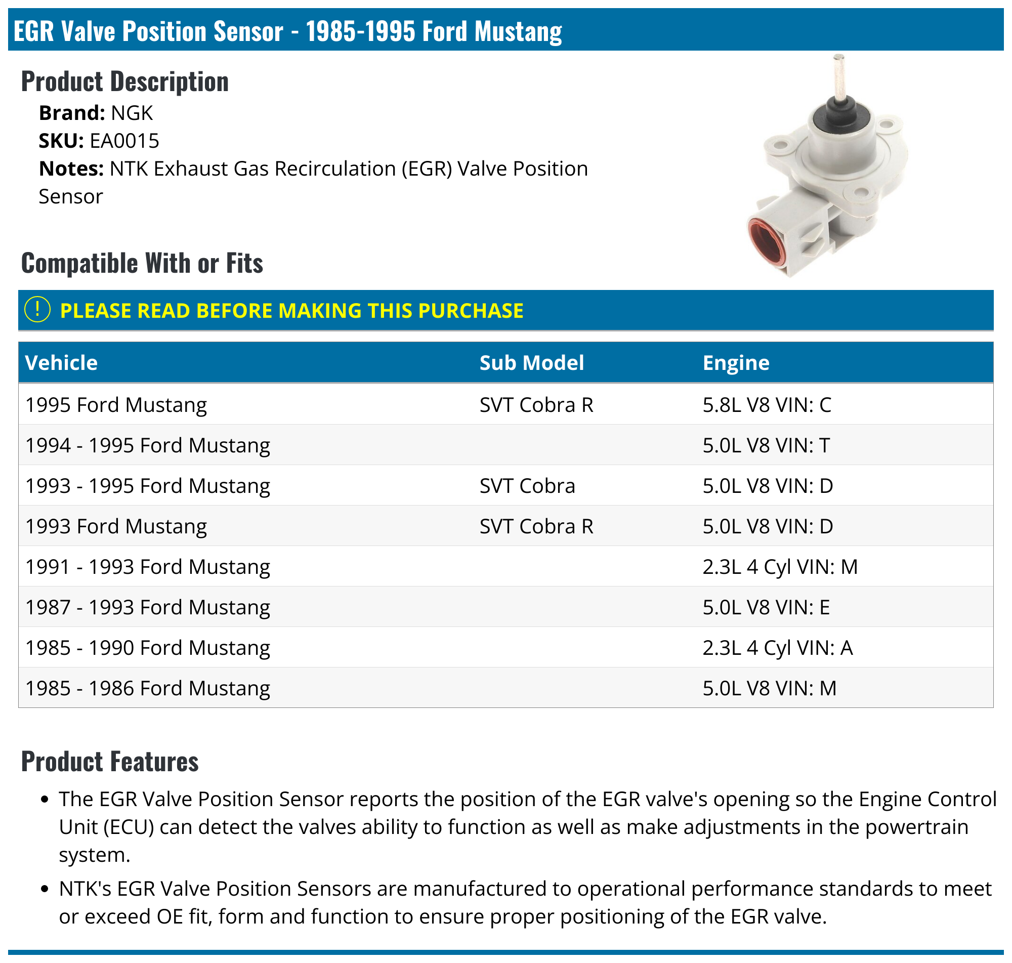 1985-1995 Ford Mustang EGR Valve Position Sensor - NGK EA0015 ...
