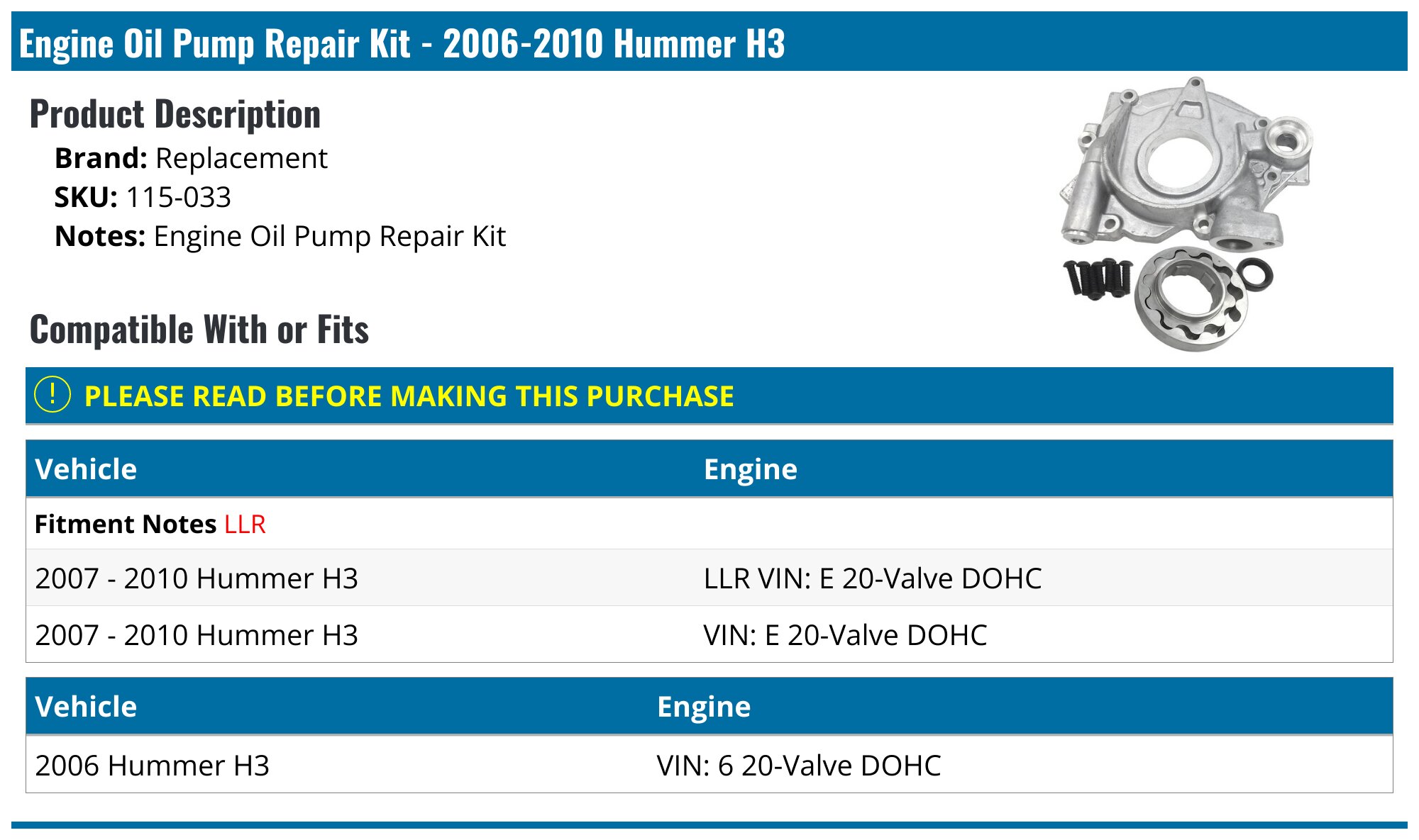2006-2010 Hummer H3 Oil Pump Repair Kit - Replacement 115-033 ...