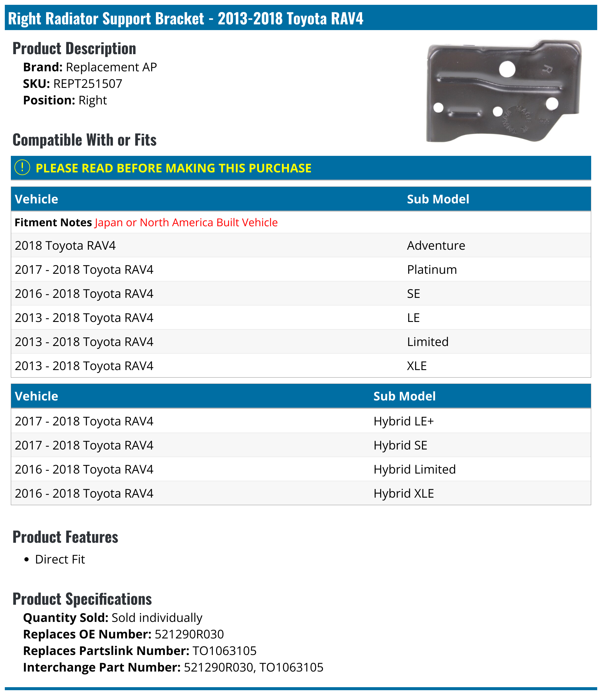 2013-2018 Toyota RAV4 Radiator Support Bracket - Replacement AP ...