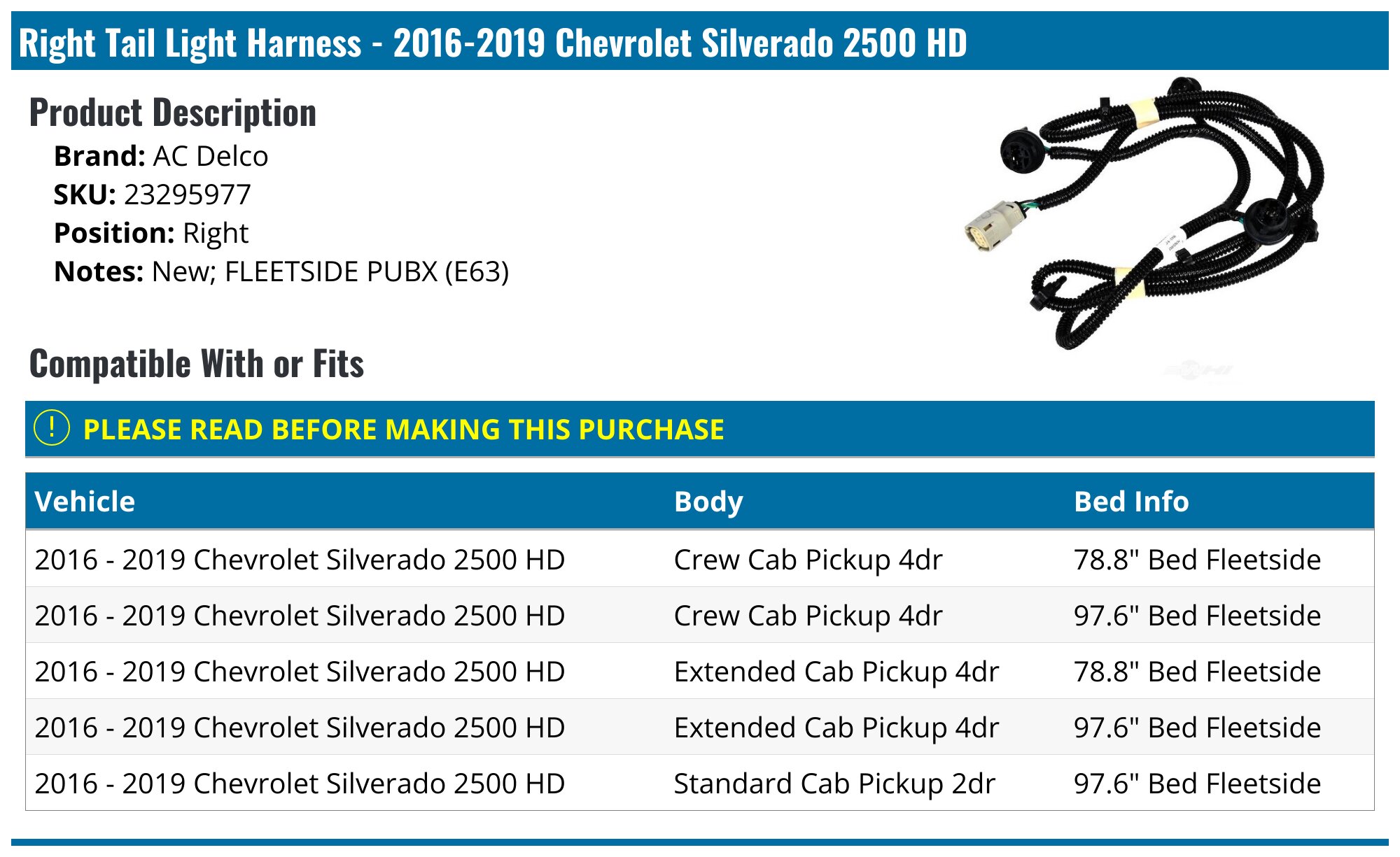 2016-2019 Chevrolet Silverado 2500 HD Tail Light Harness - AC Delco ...