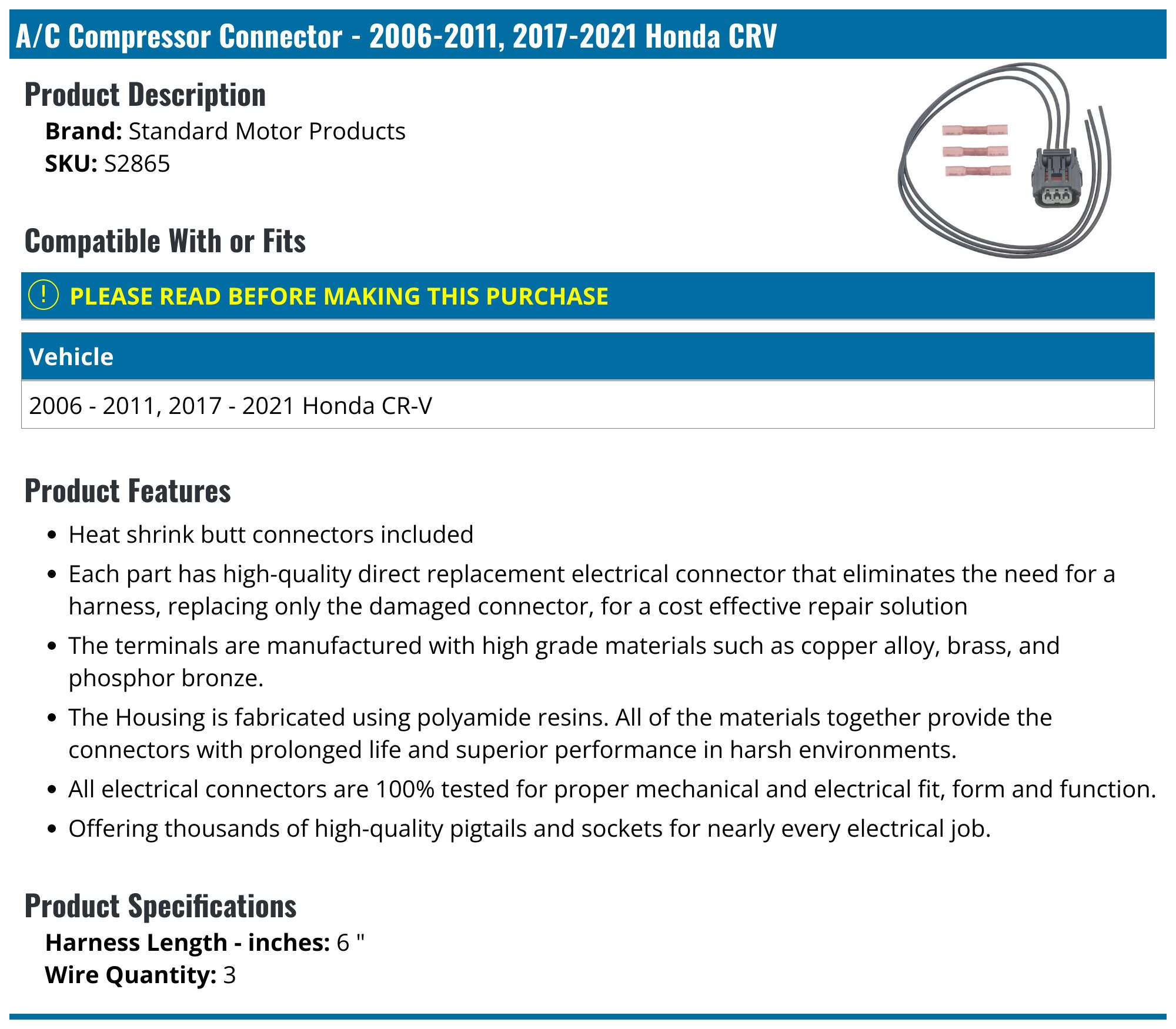 2006-2011, 2017-2022 Honda CRV A/C Compressor Connector - Standard ...