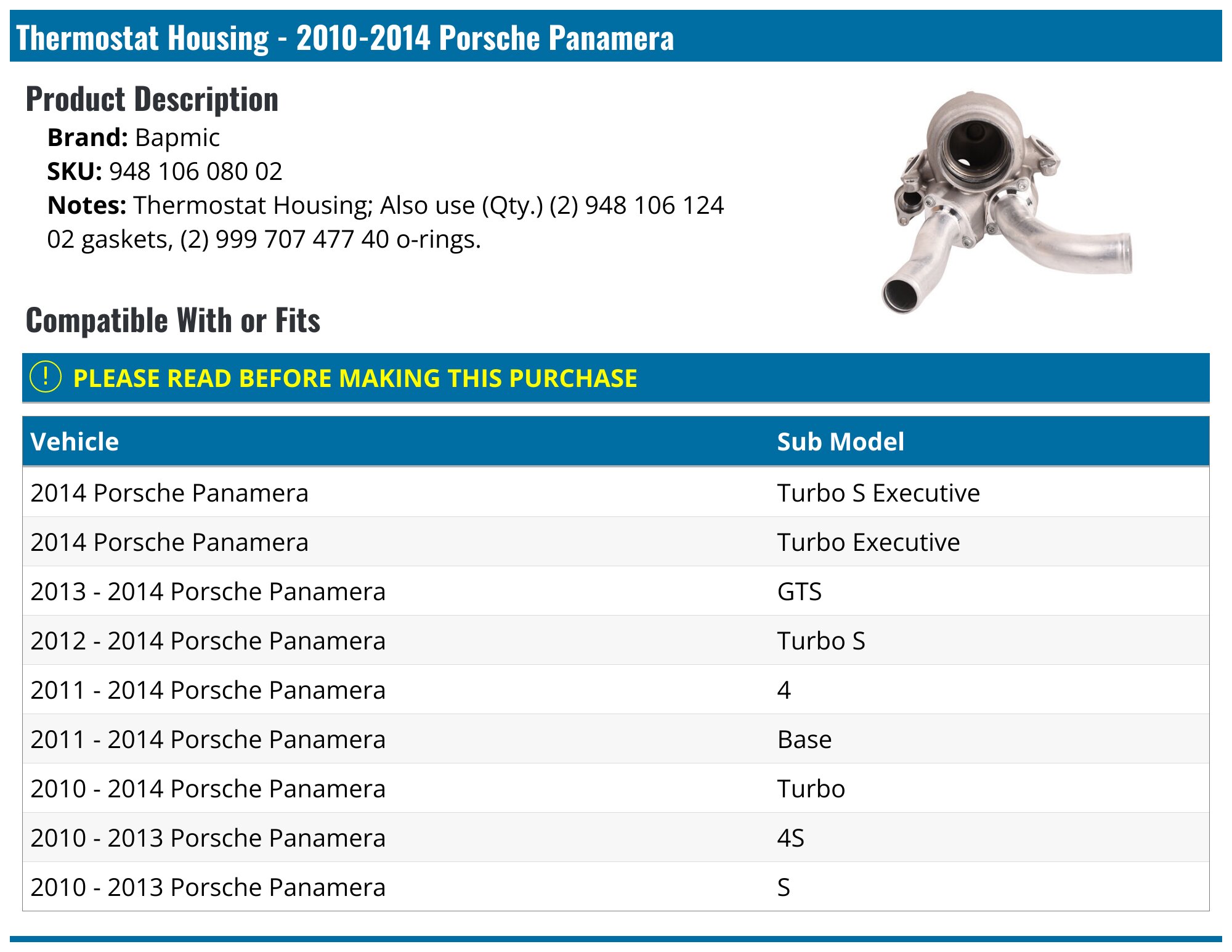 2010-2014 Porsche Panamera Thermostat Housing - Bapmic 948 106 080 02 ...