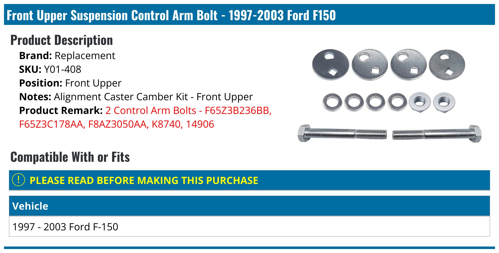 1997-2003 Ford F150 Suspension Control Arm Bolt - Replacement Y01-408 ...