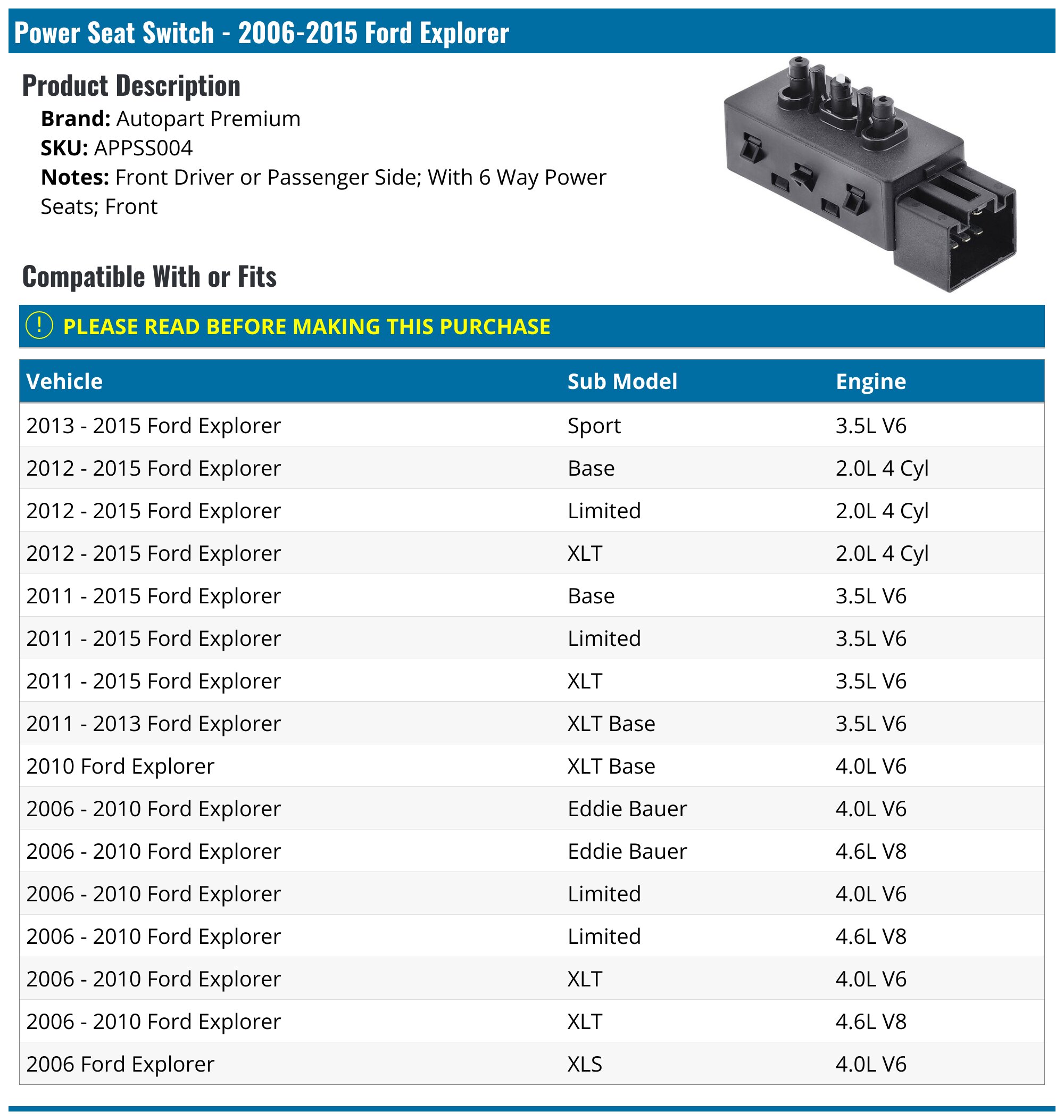 2006-2015 Ford Explorer Seat Switch - Autopart Premium APPSS004 ...