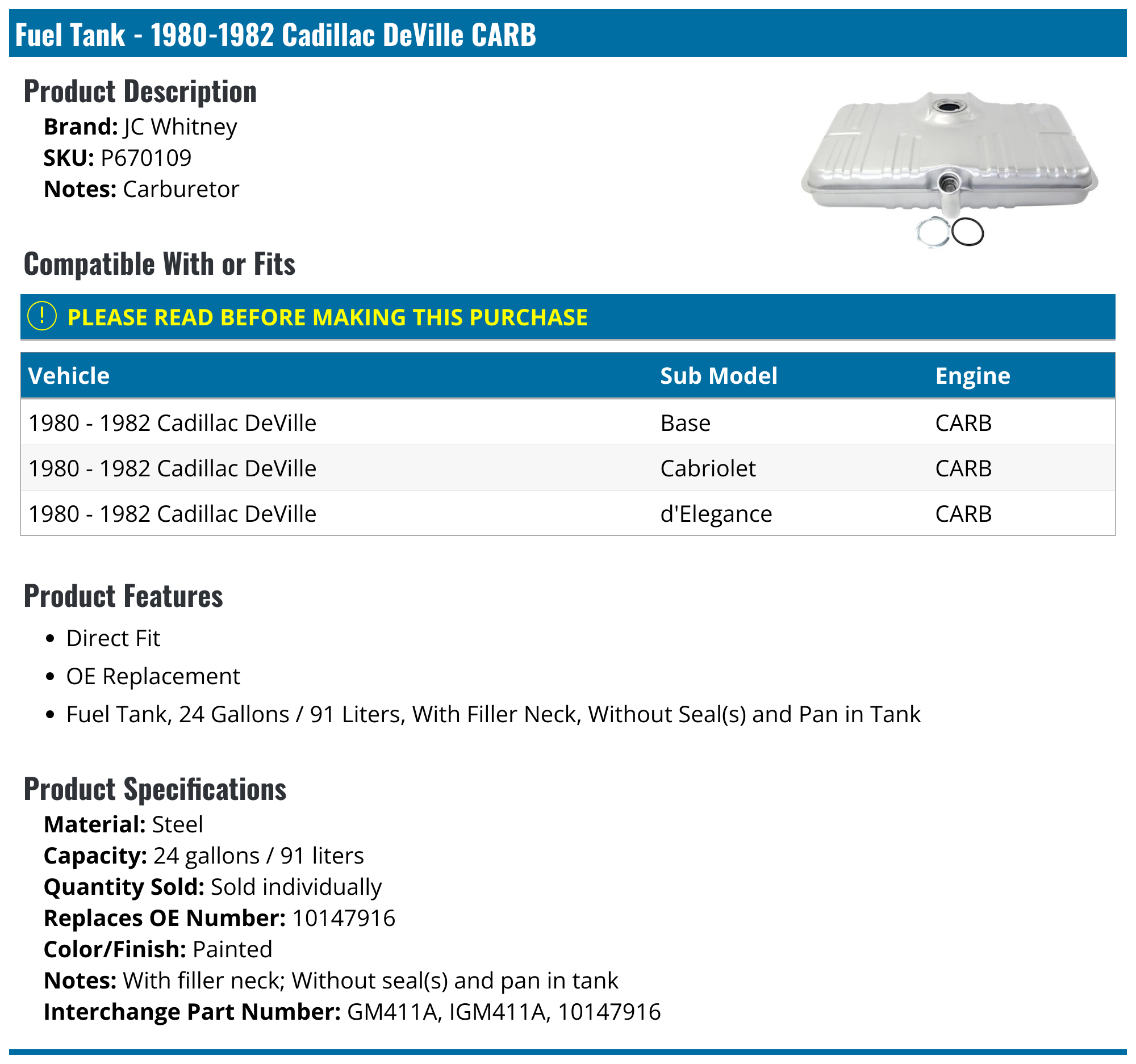 1980-1982 Cadillac DeVille Fuel Tank - JC Whitney P670109 - PartsGeek.com