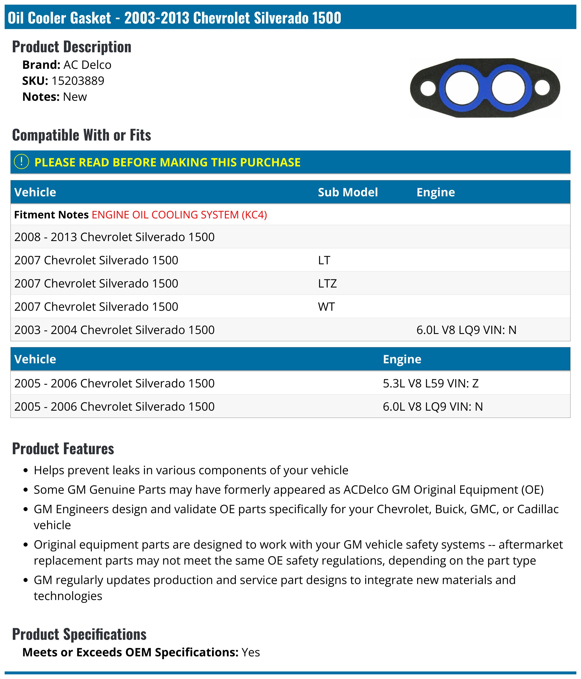 2003-2013 Chevrolet Silverado 1500 Oil Cooler Gasket - AC Delco ...