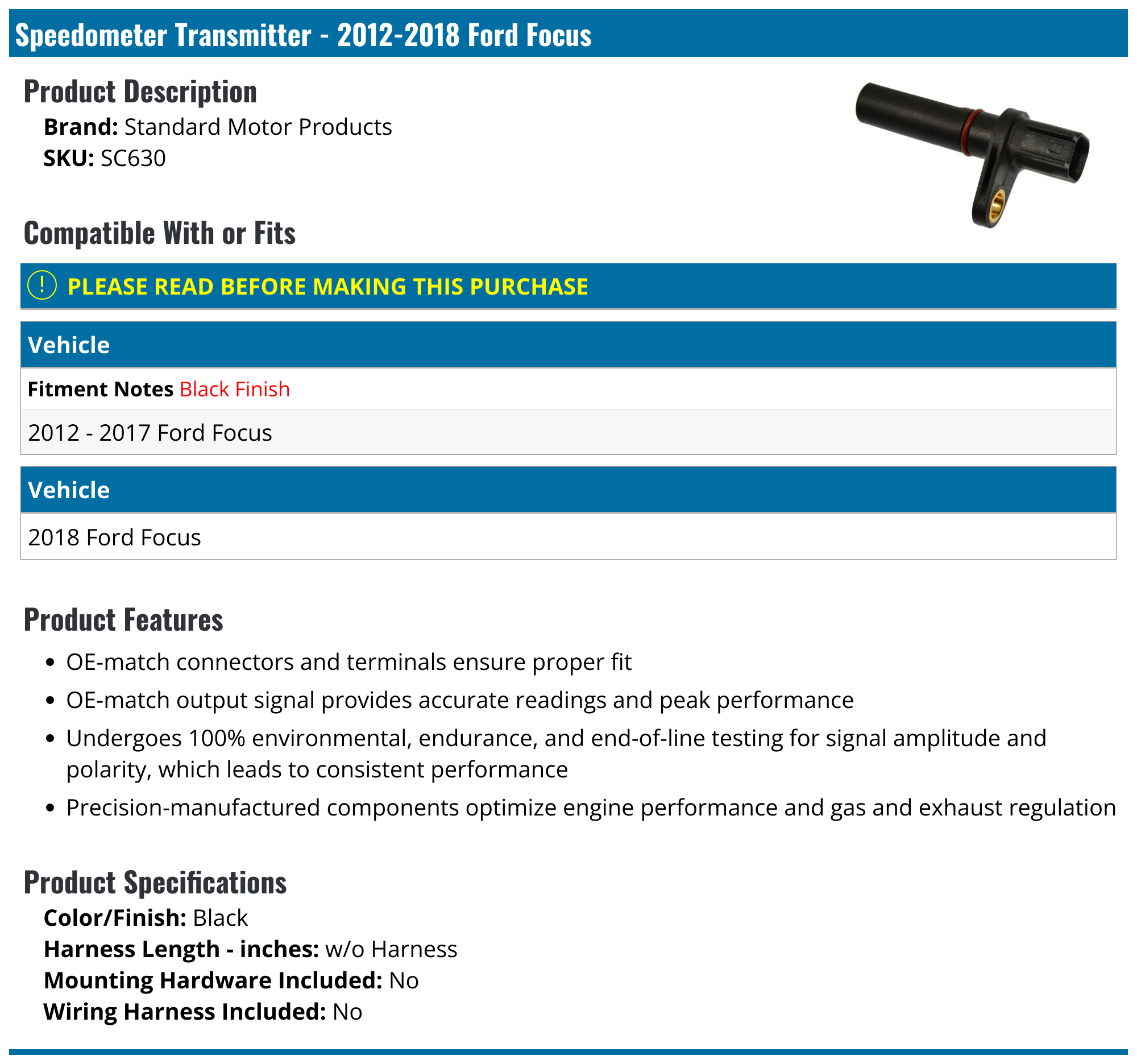 2012-2018 Ford Focus Speedometer Transmitter - Standard Motor Products ...