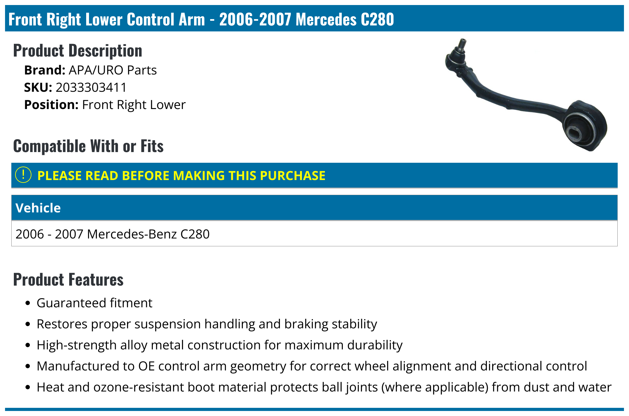 2006-2007 Mercedes C280 Control Arm - APA/URO Parts 2033303411 - Front ...