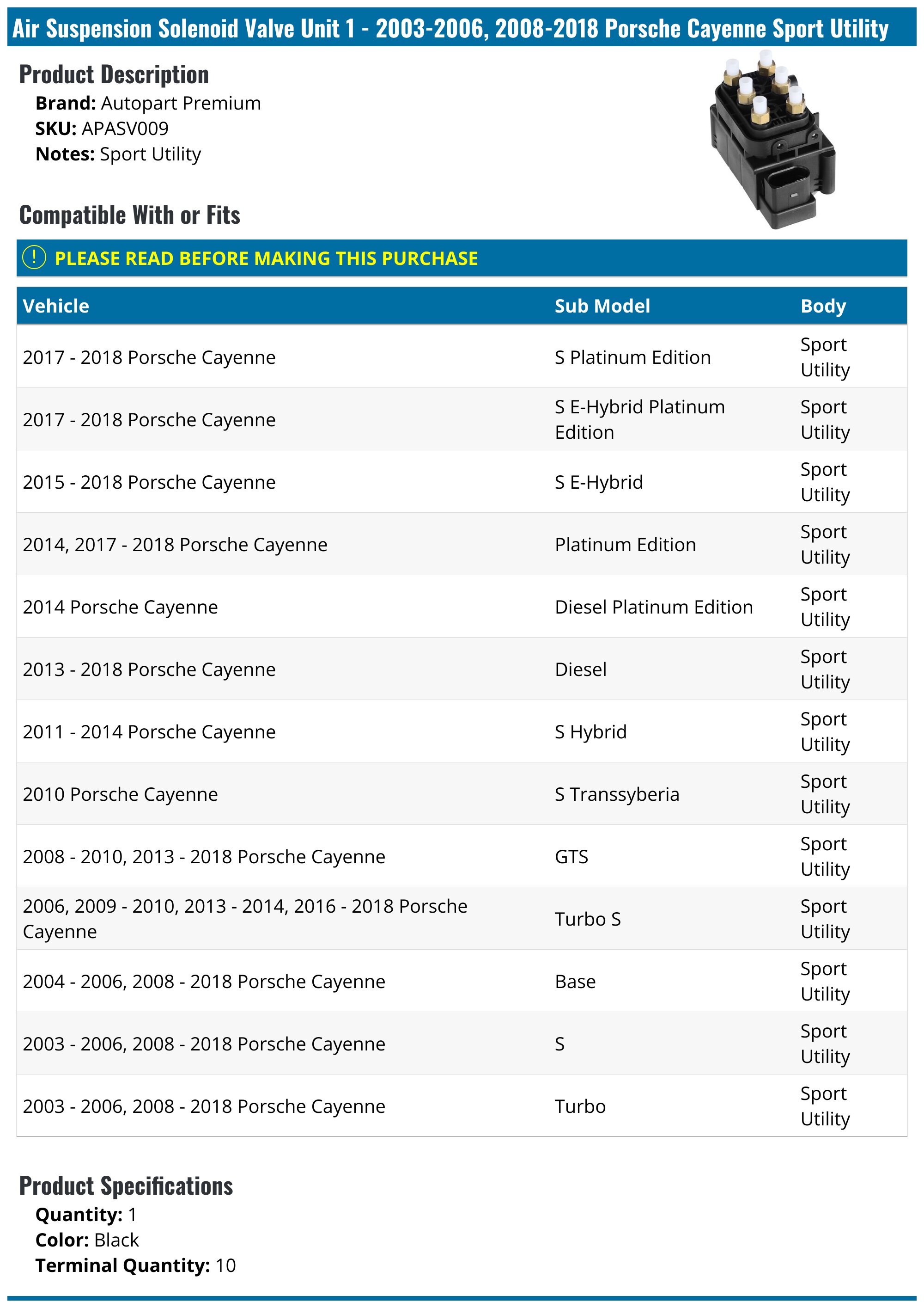 2003-2006, 2008-2018 Porsche Cayenne Air Suspension Solenoid Valve Unit ...
