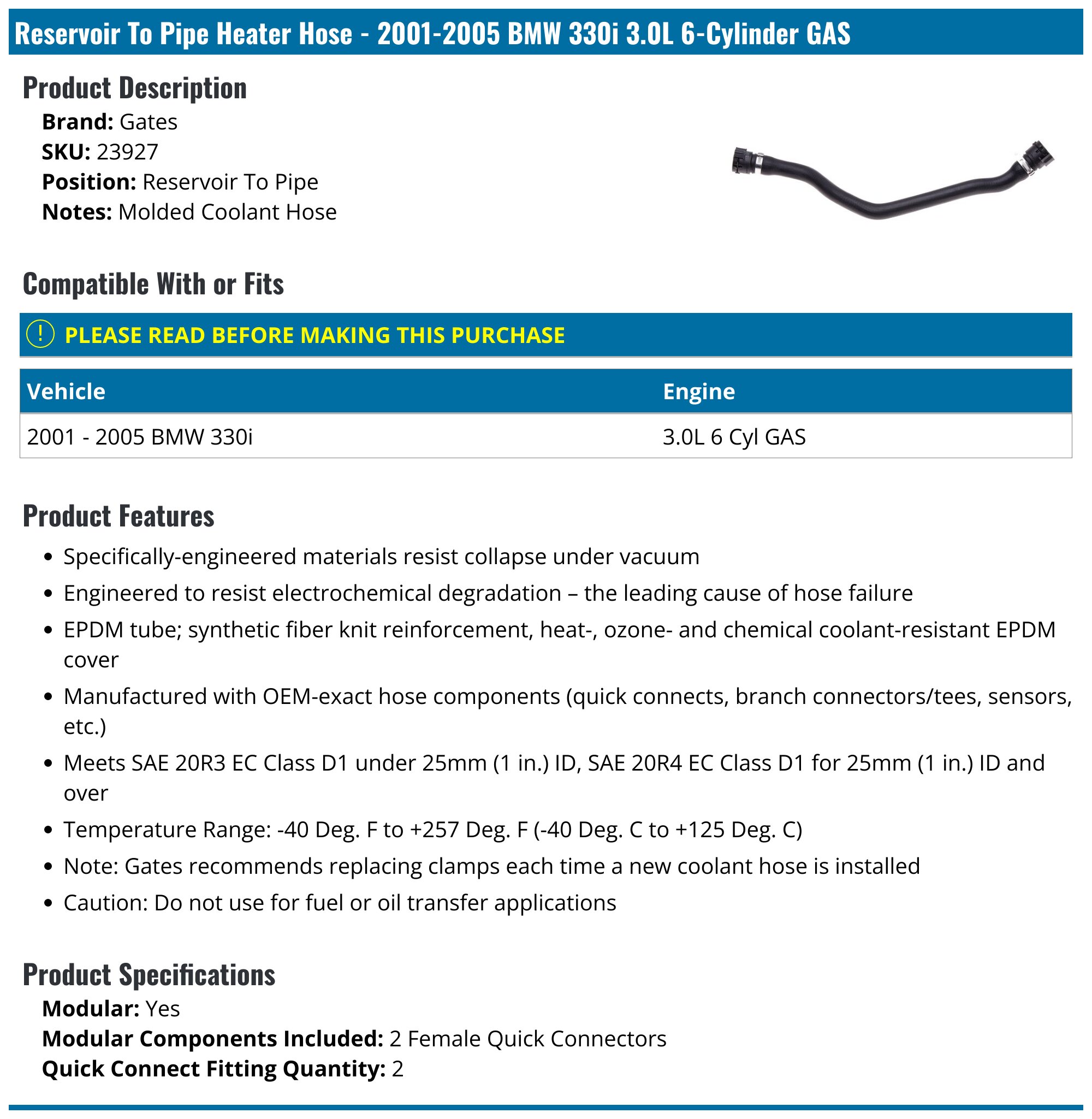 2001-2005 BMW 330i Heater Hose - Gates 23927 - Reservoir To Pipe ...