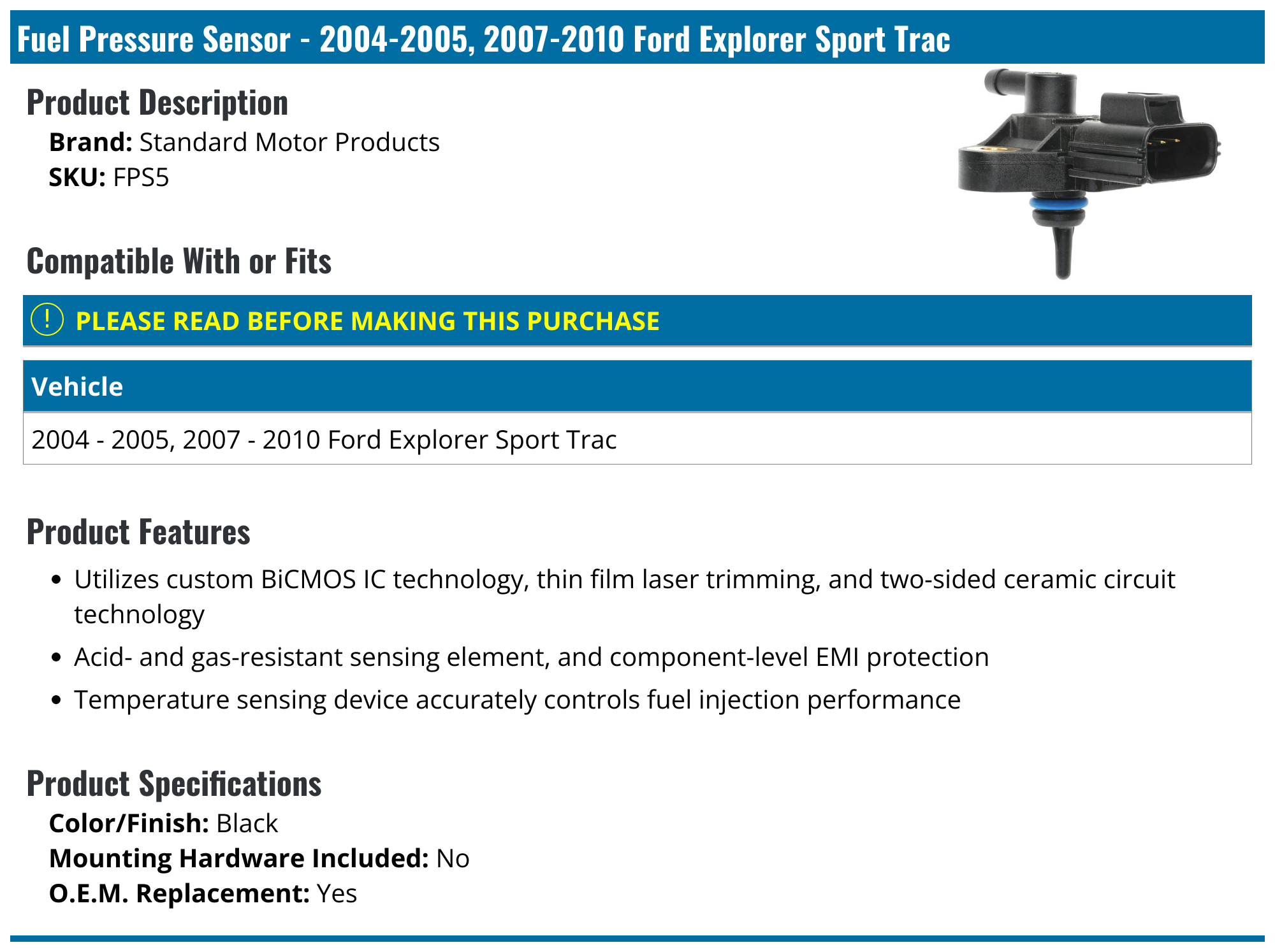 2004-2005, 2007-2010 Ford Explorer Sport Trac Fuel Pressure Sensor ...