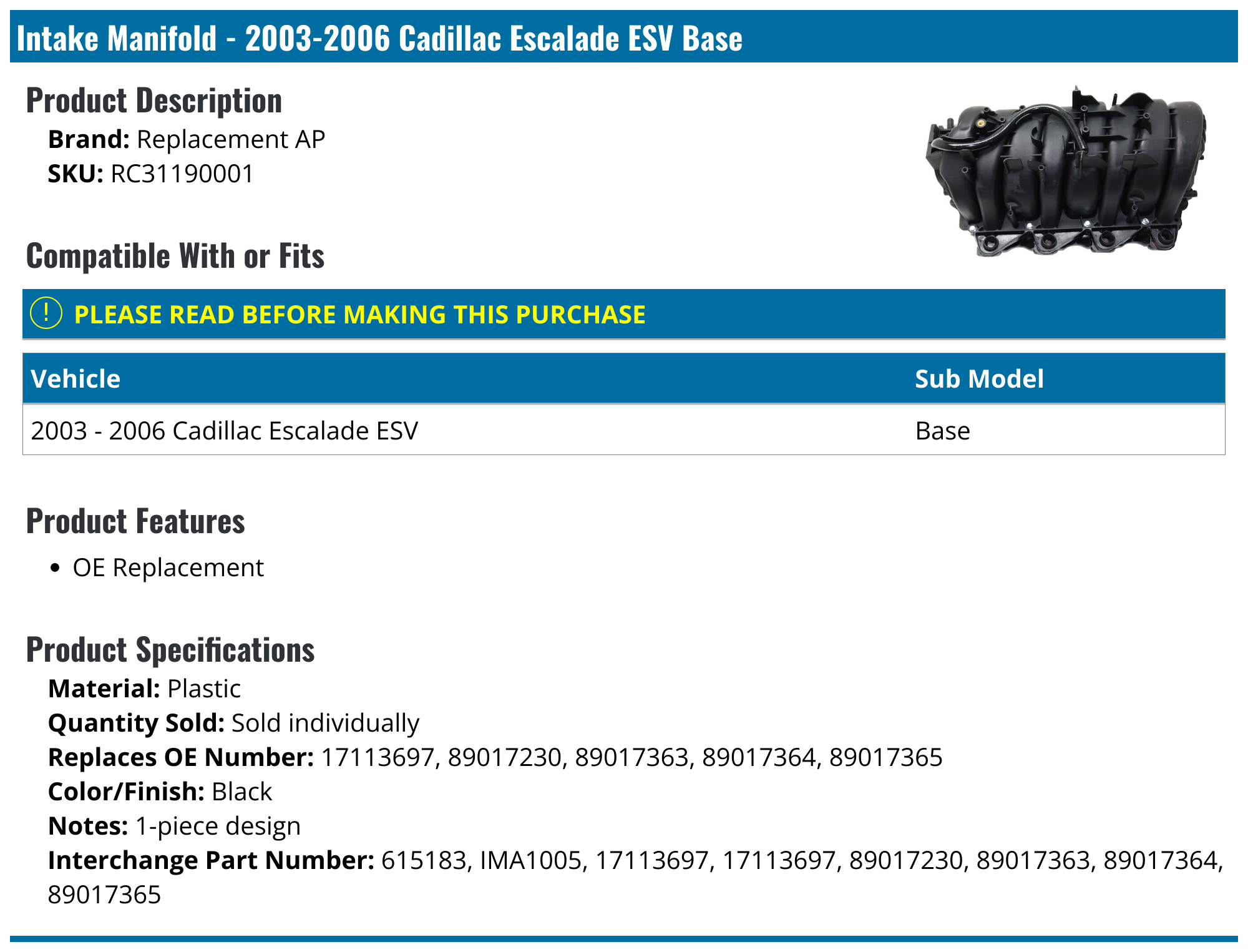 2003-2006 Cadillac Escalade ESV Intake Manifold - Replacement AP ...