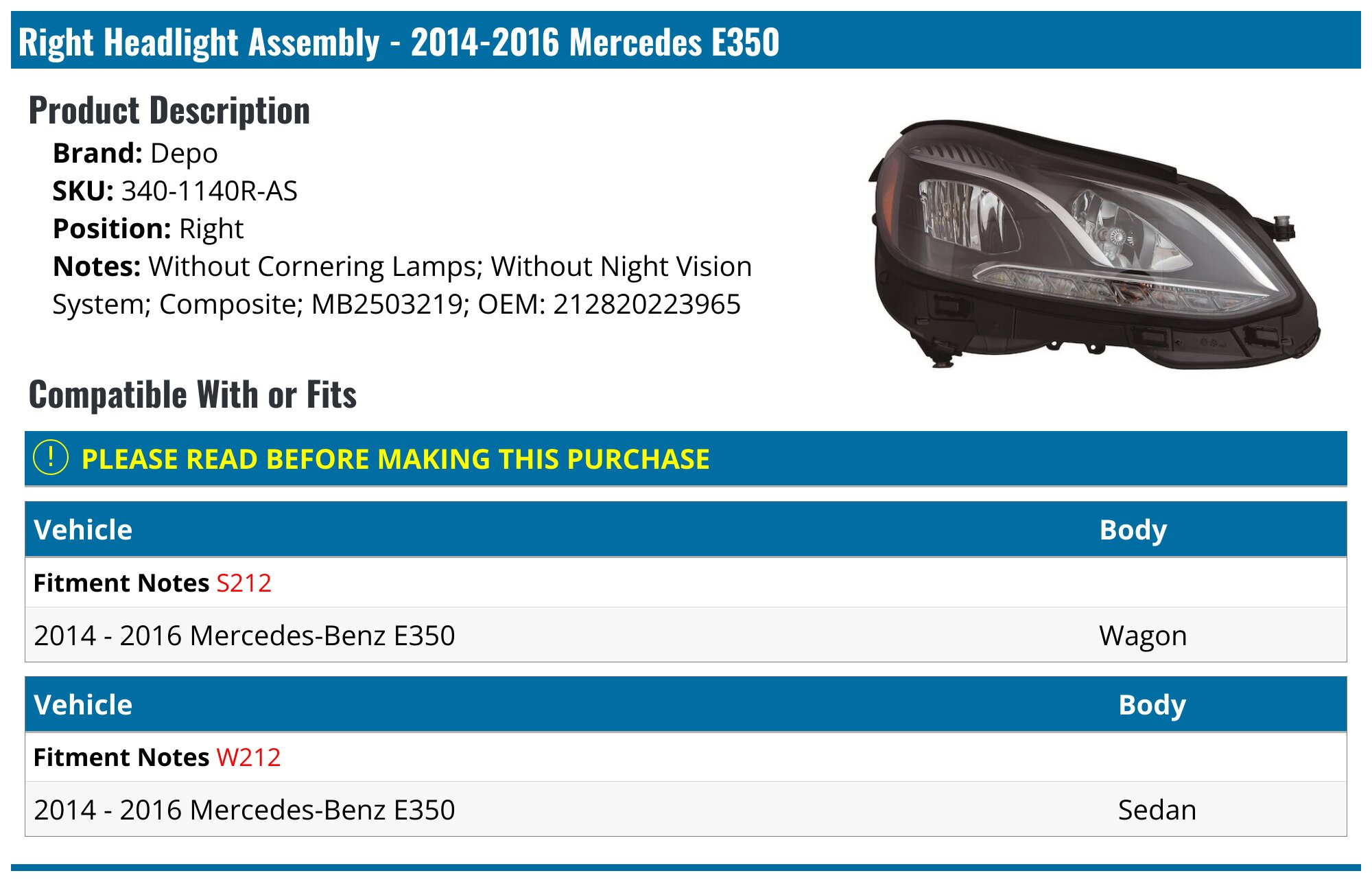 2014-2016 Mercedes E350 Headlight Assembly - Depo 340-1140R-AS - Right ...
