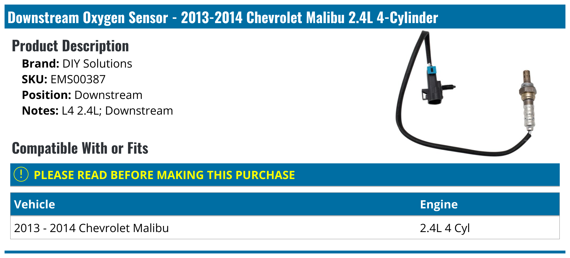 2013-2014 Chevrolet Malibu Oxygen Sensor - DIY Solutions EMS00387 ...