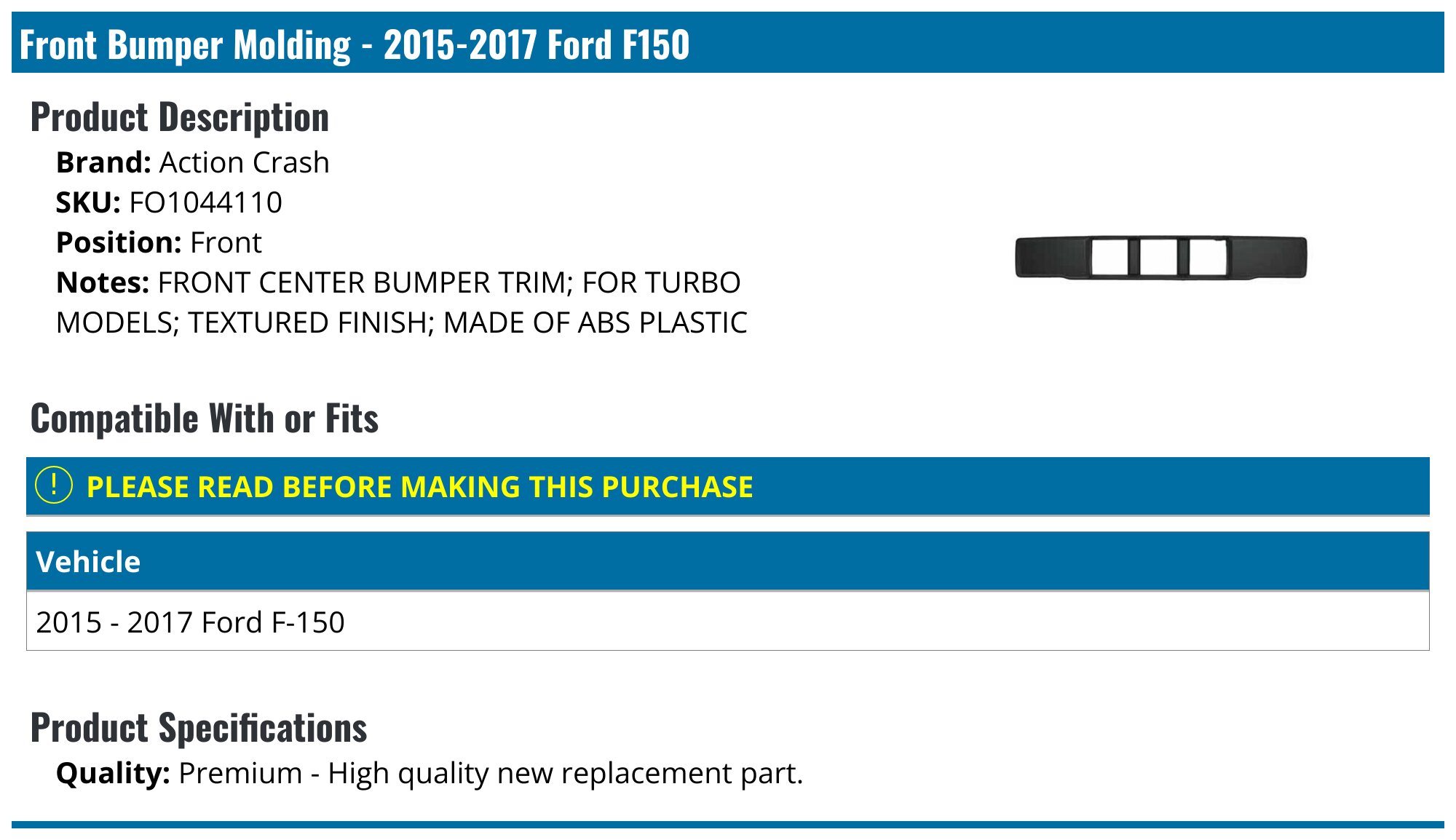 2015-2017 Ford F150 Bumper Molding - Action Crash FO1044110 - Front ...