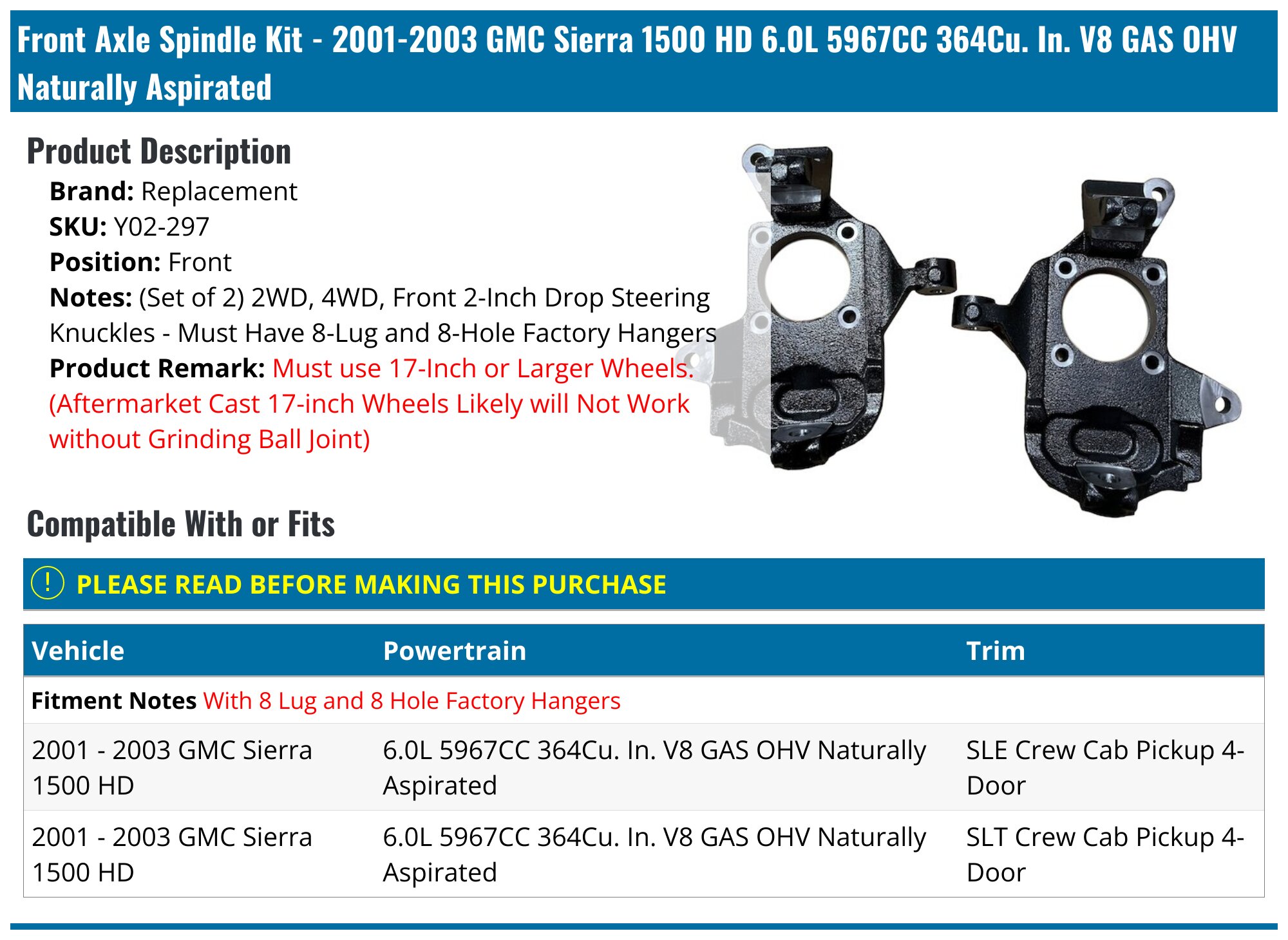 2001-2003 GMC Sierra 1500 HD Axle Spindle - Replacement Y02-297 - Front ...
