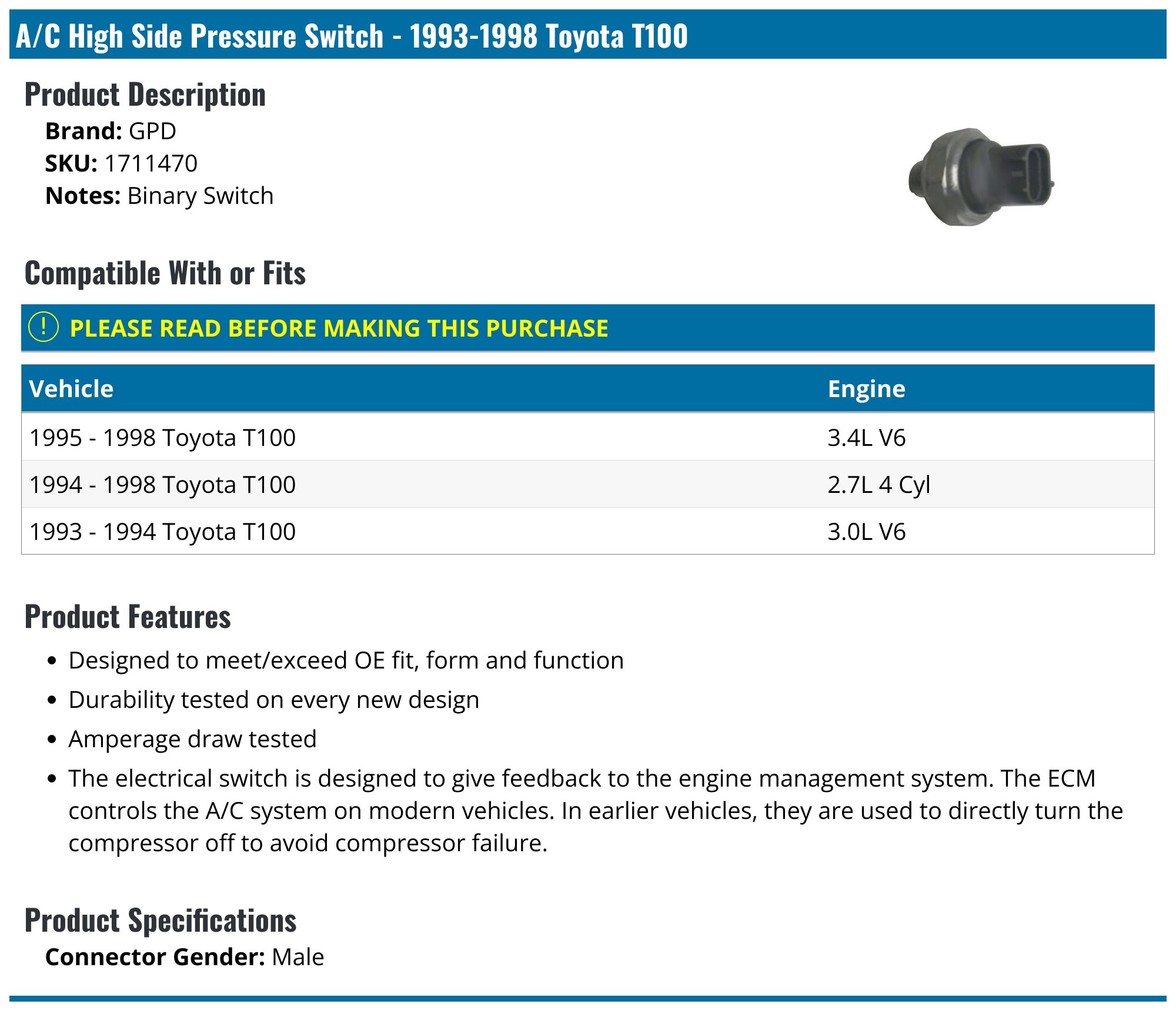 1993-1998 Toyota T100 A/C High Side Pressure Switch - GPD 1711470 ...