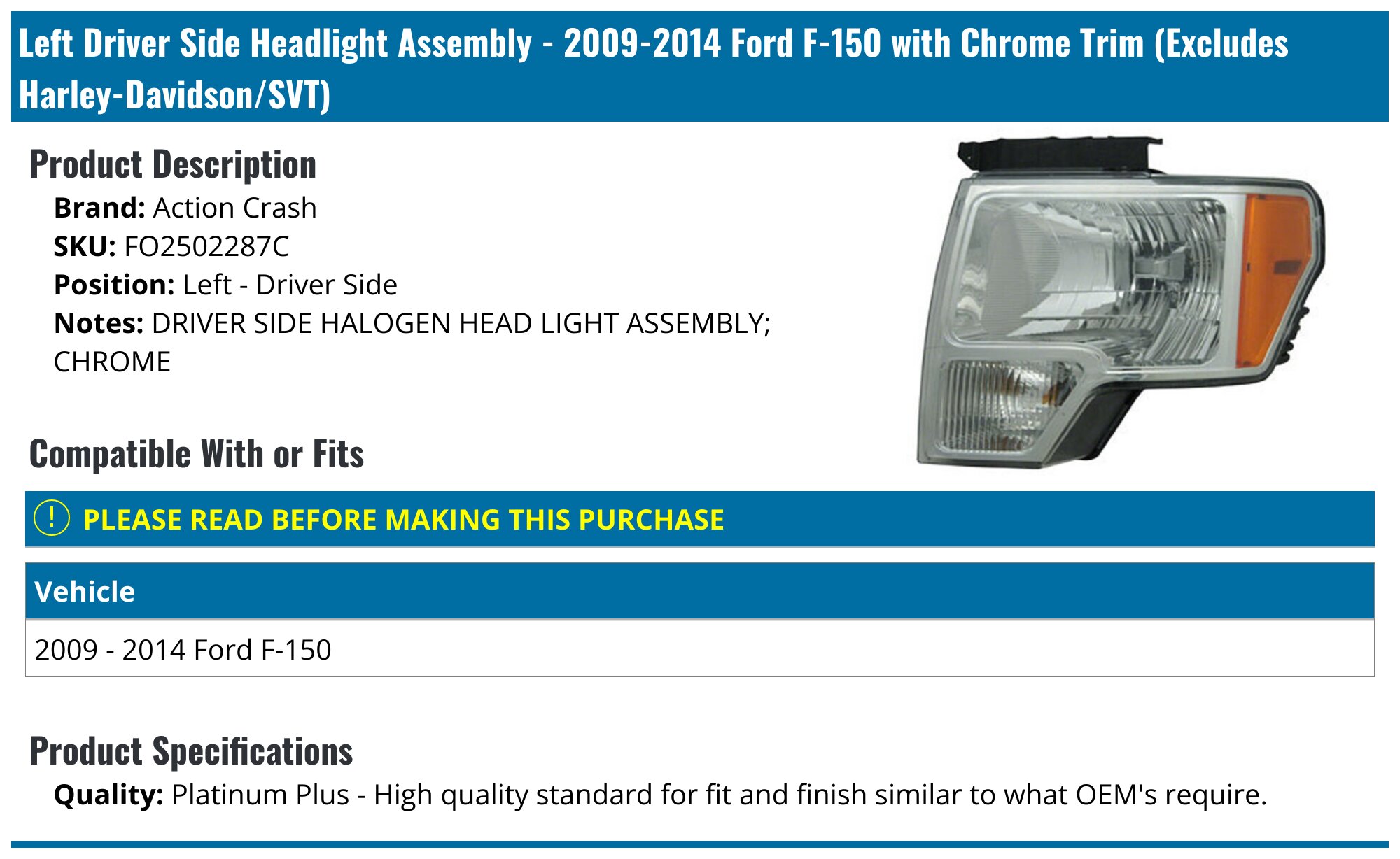 2009-2014 Ford F150 Headlight Assembly - Action Crash FO2502287C - Left ...
