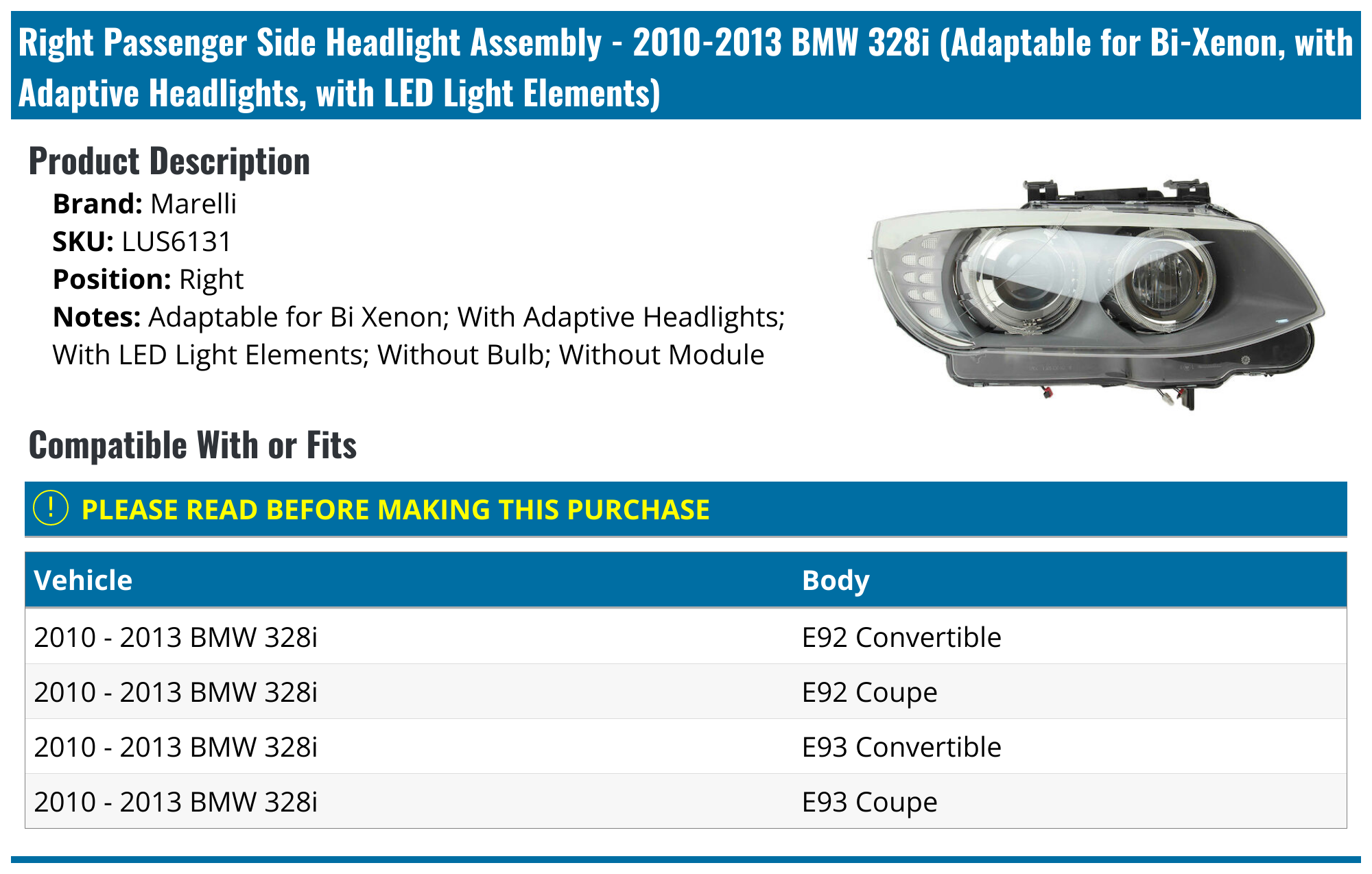 2010-2013 BMW 328i Headlight Assembly - Marelli LUS6131 - Right ...