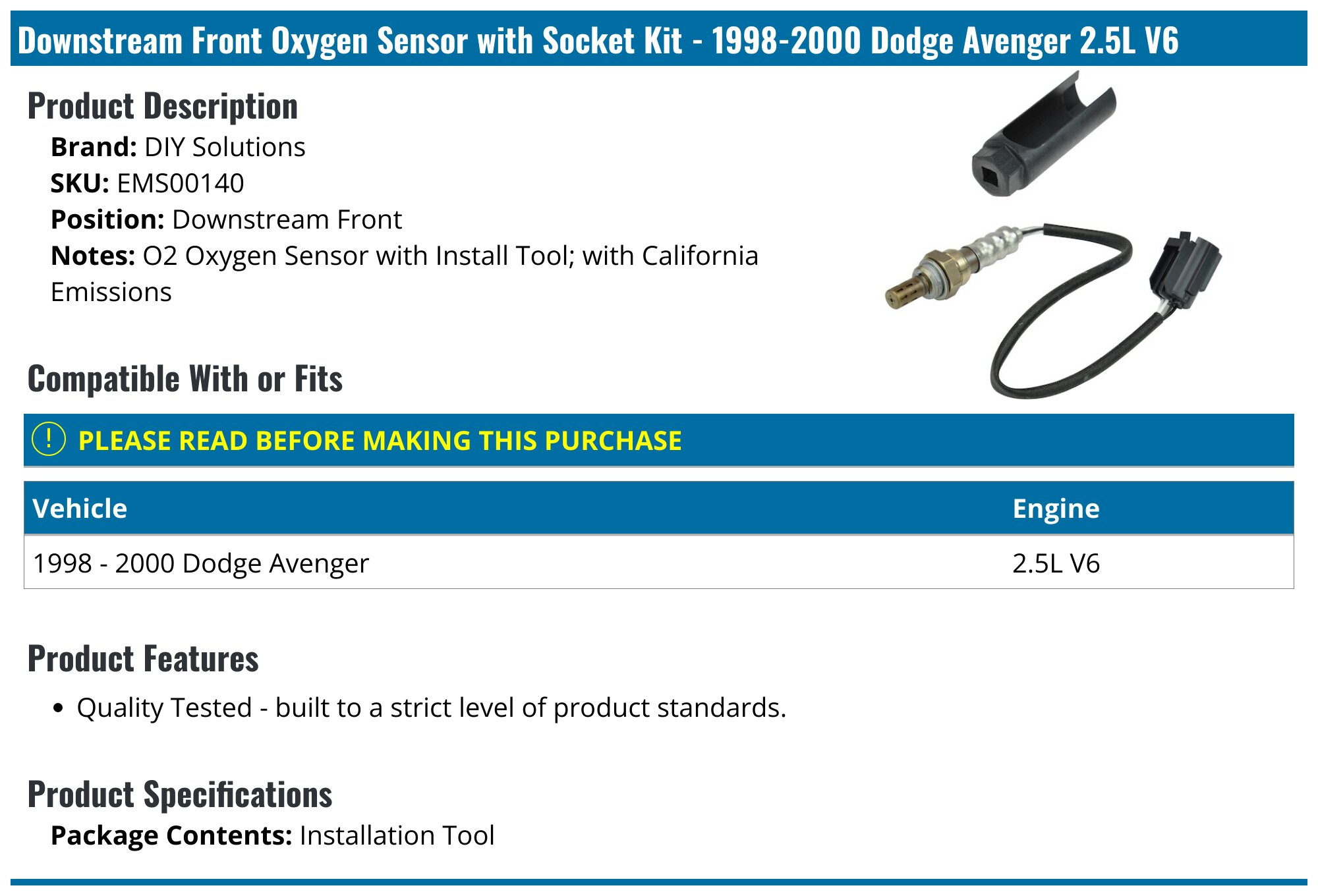 1998-2000 Dodge Avenger Oxygen Sensor - DIY Solutions EMS00140 ...