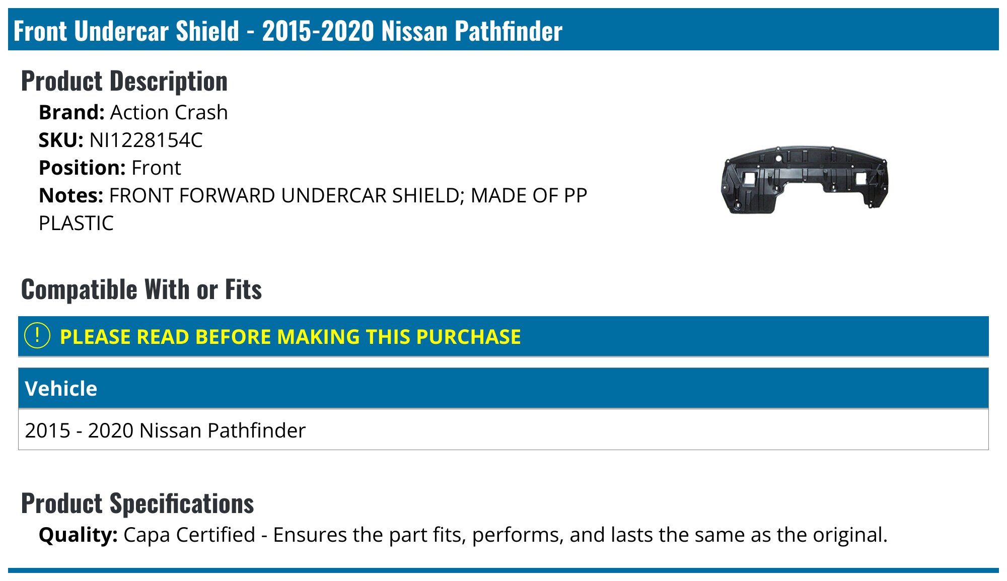 2015-2020 Nissan Pathfinder Lower Engine Cover - Action Crash ...